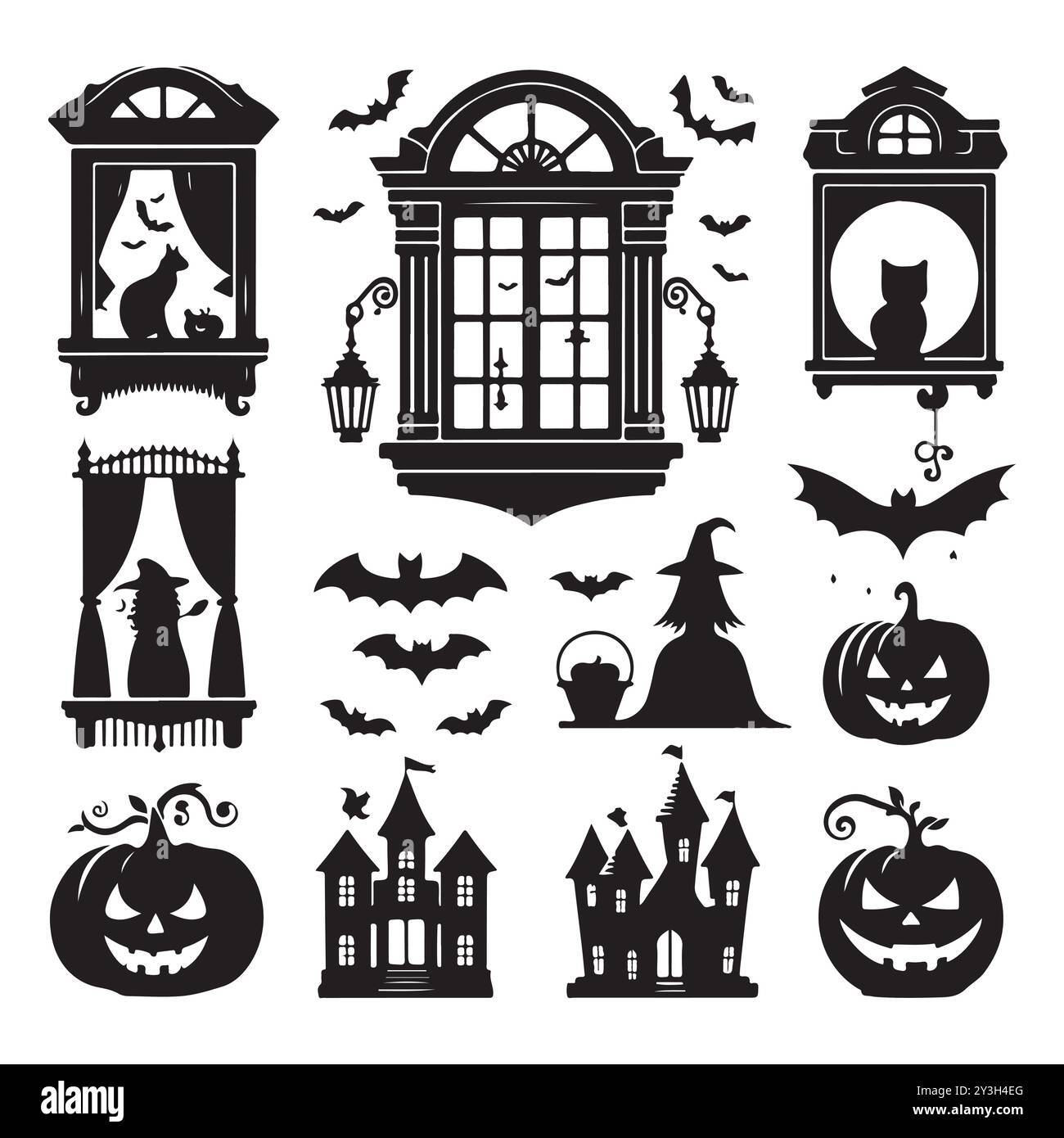 Set of Halloween window silhouettes isolated on a white background ...