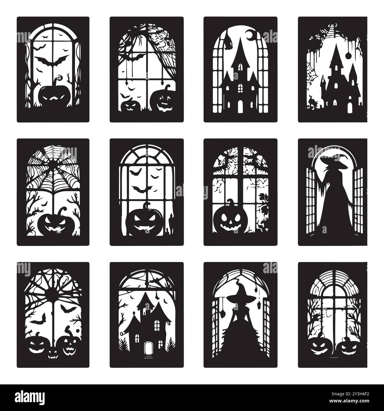 Set of Halloween window silhouettes isolated on a white background ...