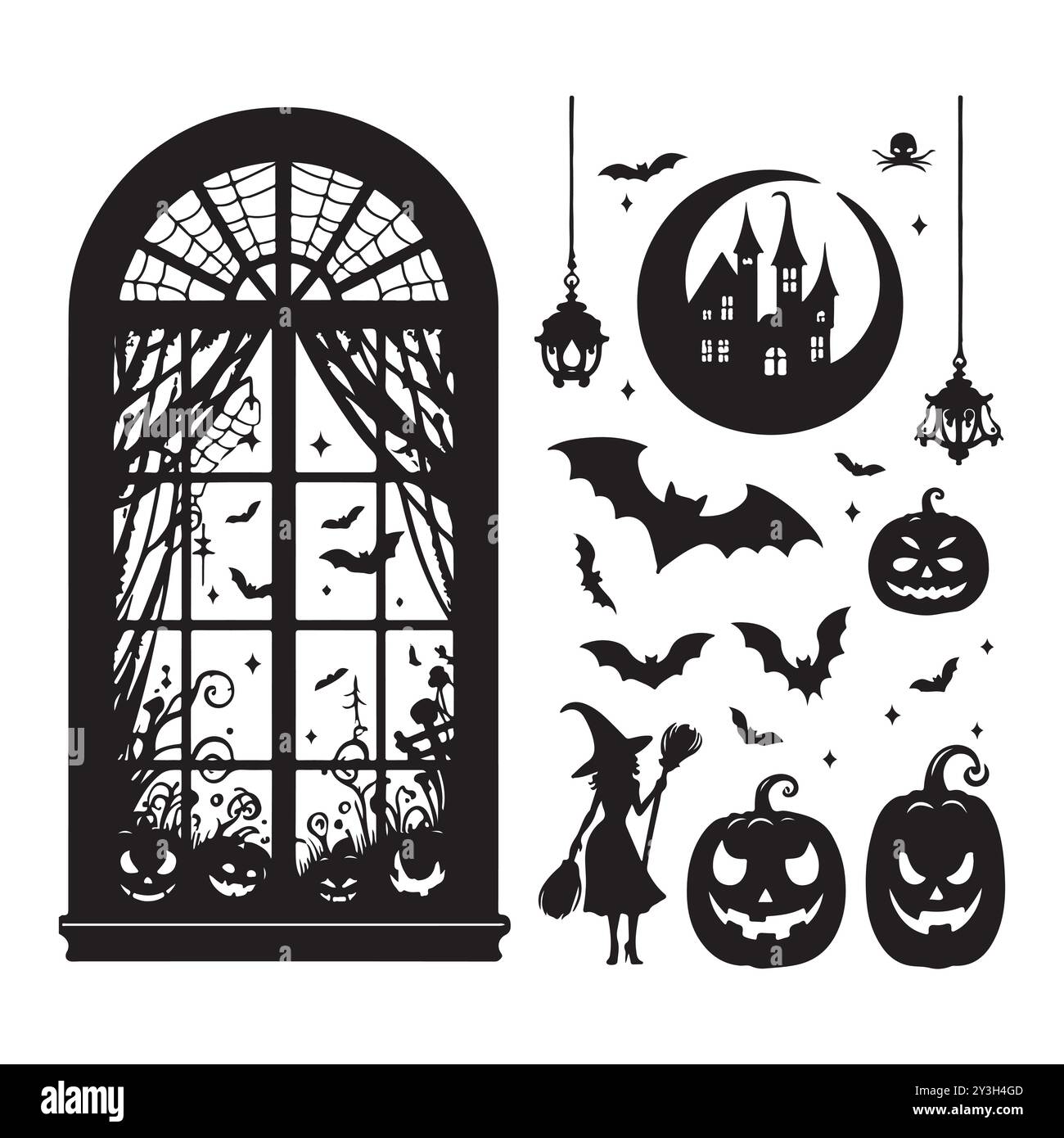 Set of Halloween window silhouettes isolated on a white background ...