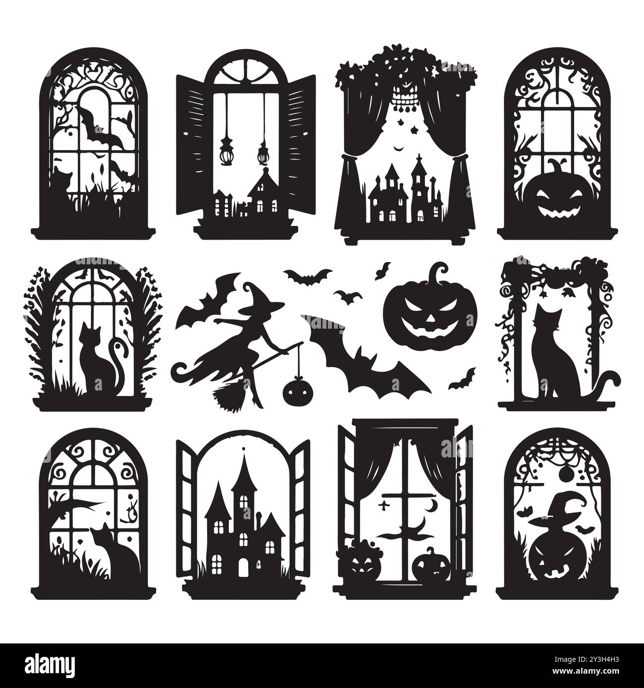 Set of Halloween window silhouettes isolated on a white background ...