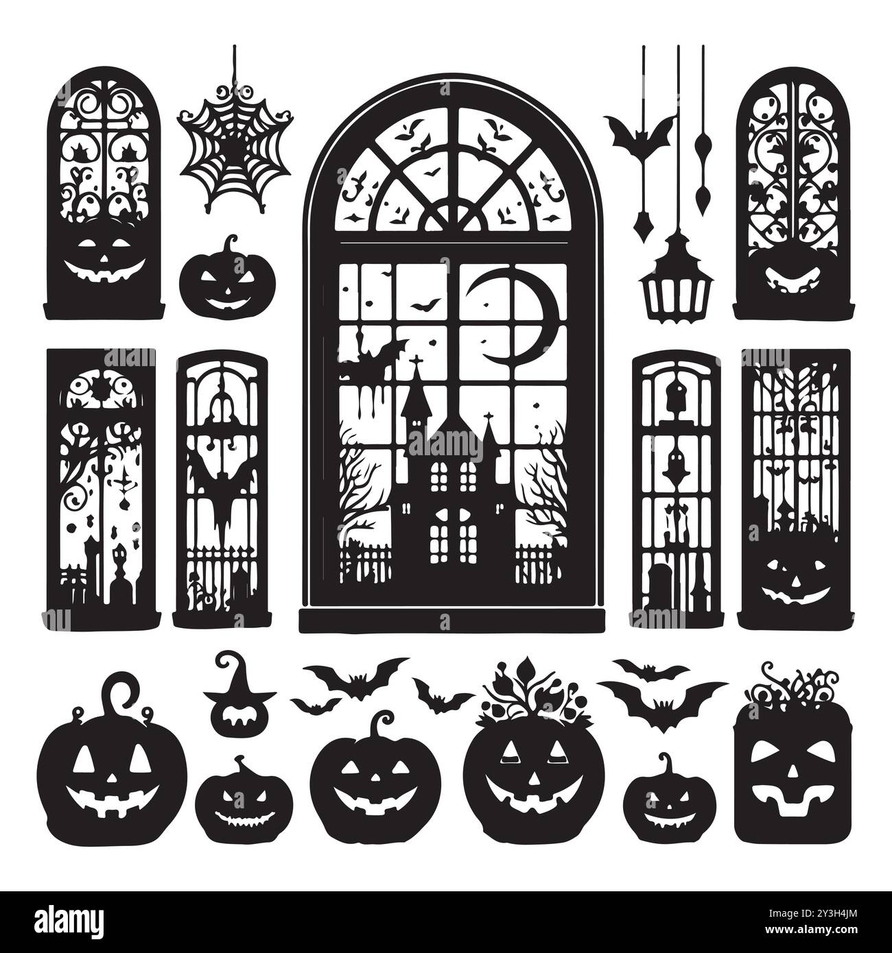Set of Halloween window silhouettes isolated on a white background ...