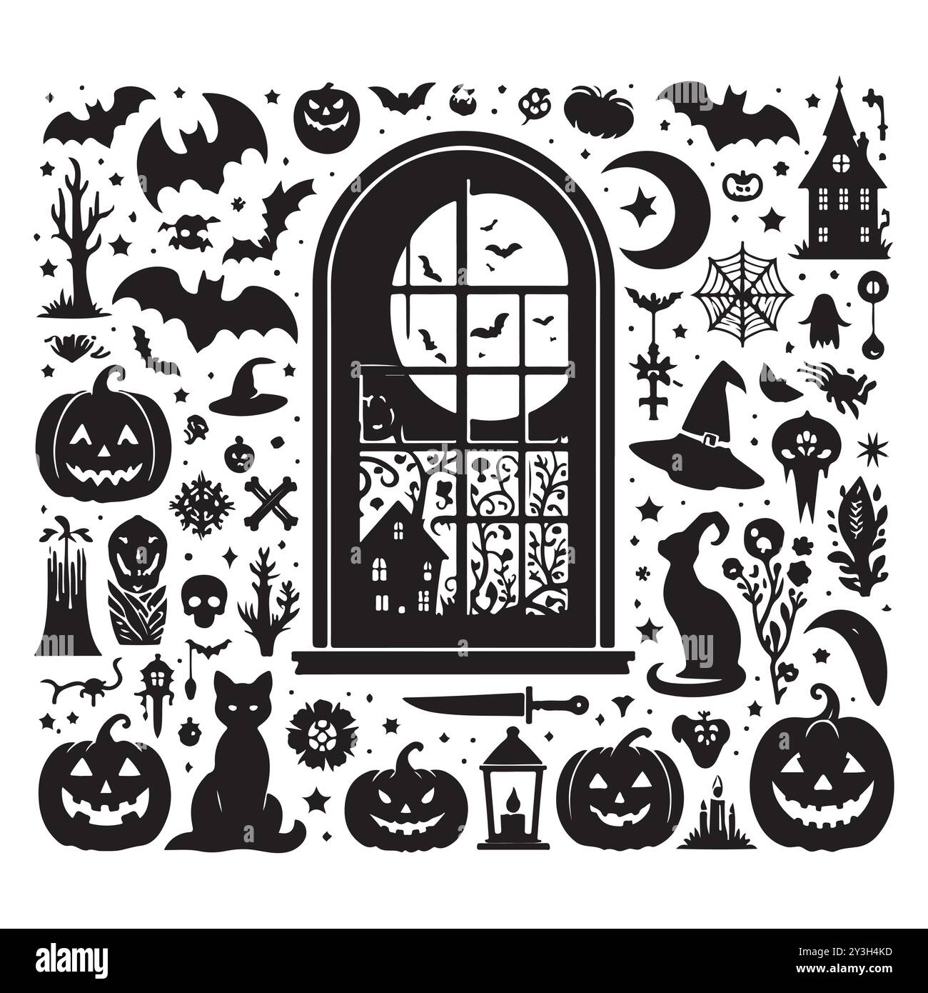 Set of Halloween window silhouettes isolated on a white background ...
