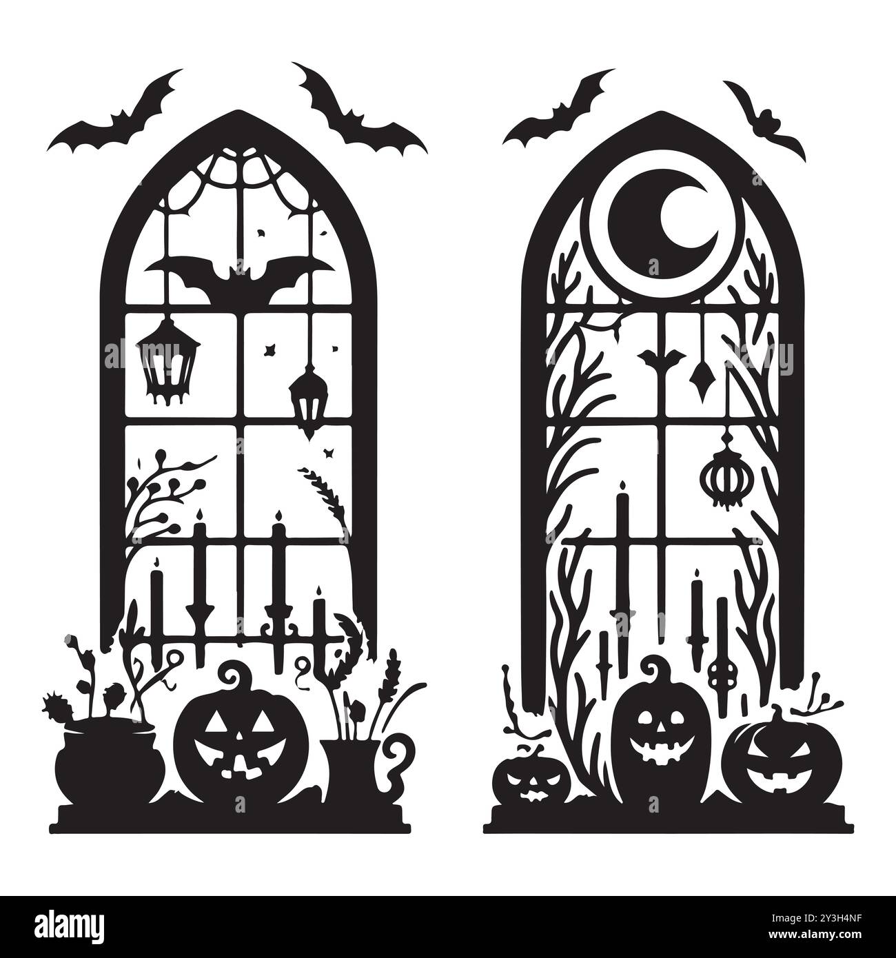 Set of Halloween window silhouettes isolated on a white background ...