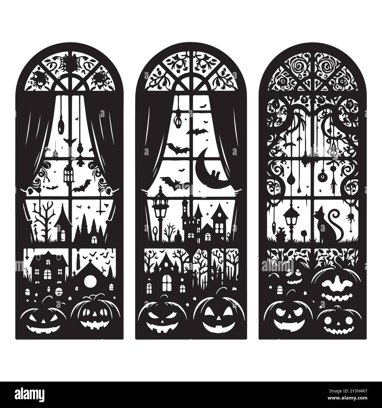 Set of Halloween window silhouettes isolated on a white background ...