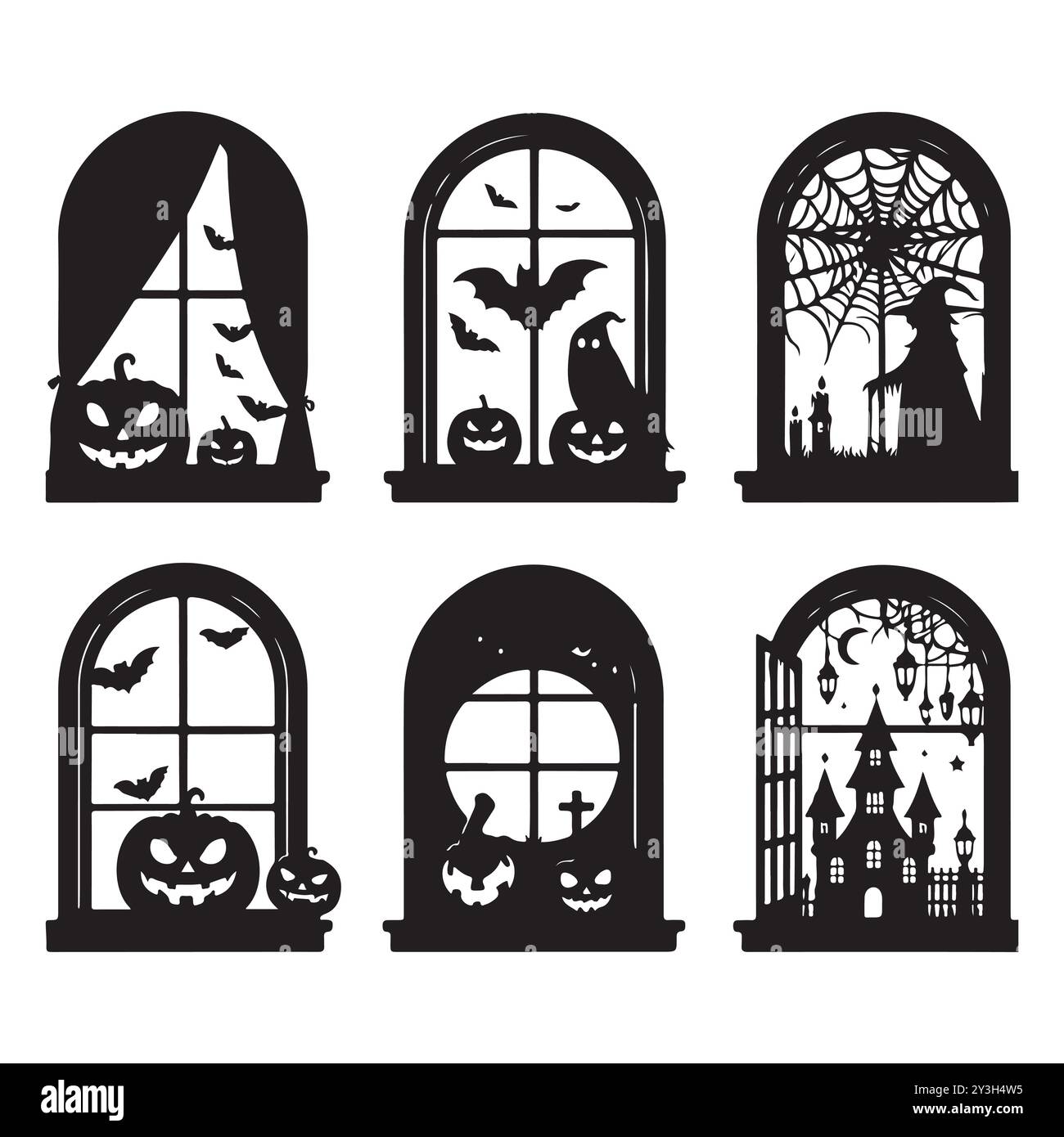 Set of Halloween window silhouettes isolated on a white background ...
