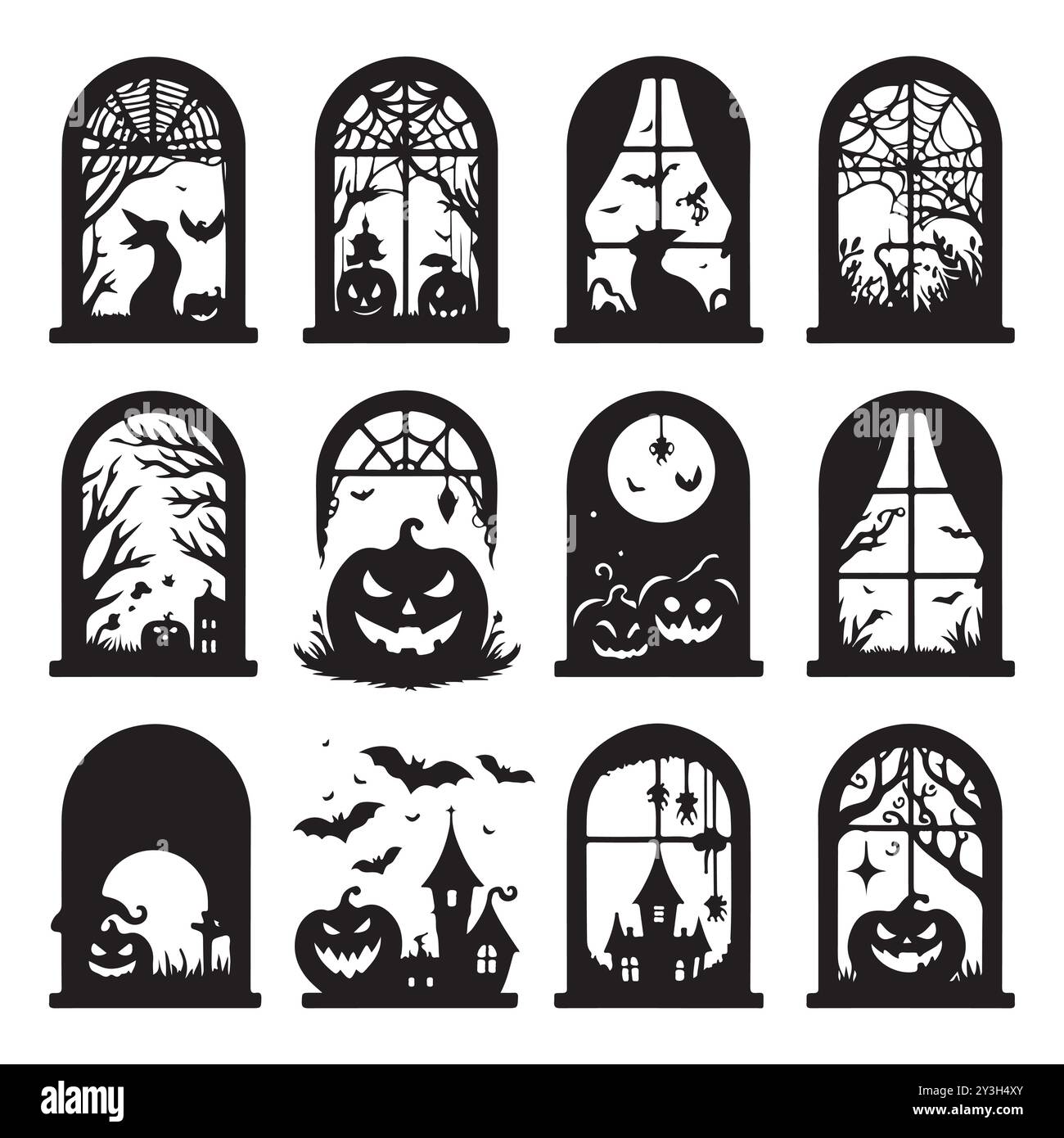 Set of Halloween window silhouettes isolated on a white background ...