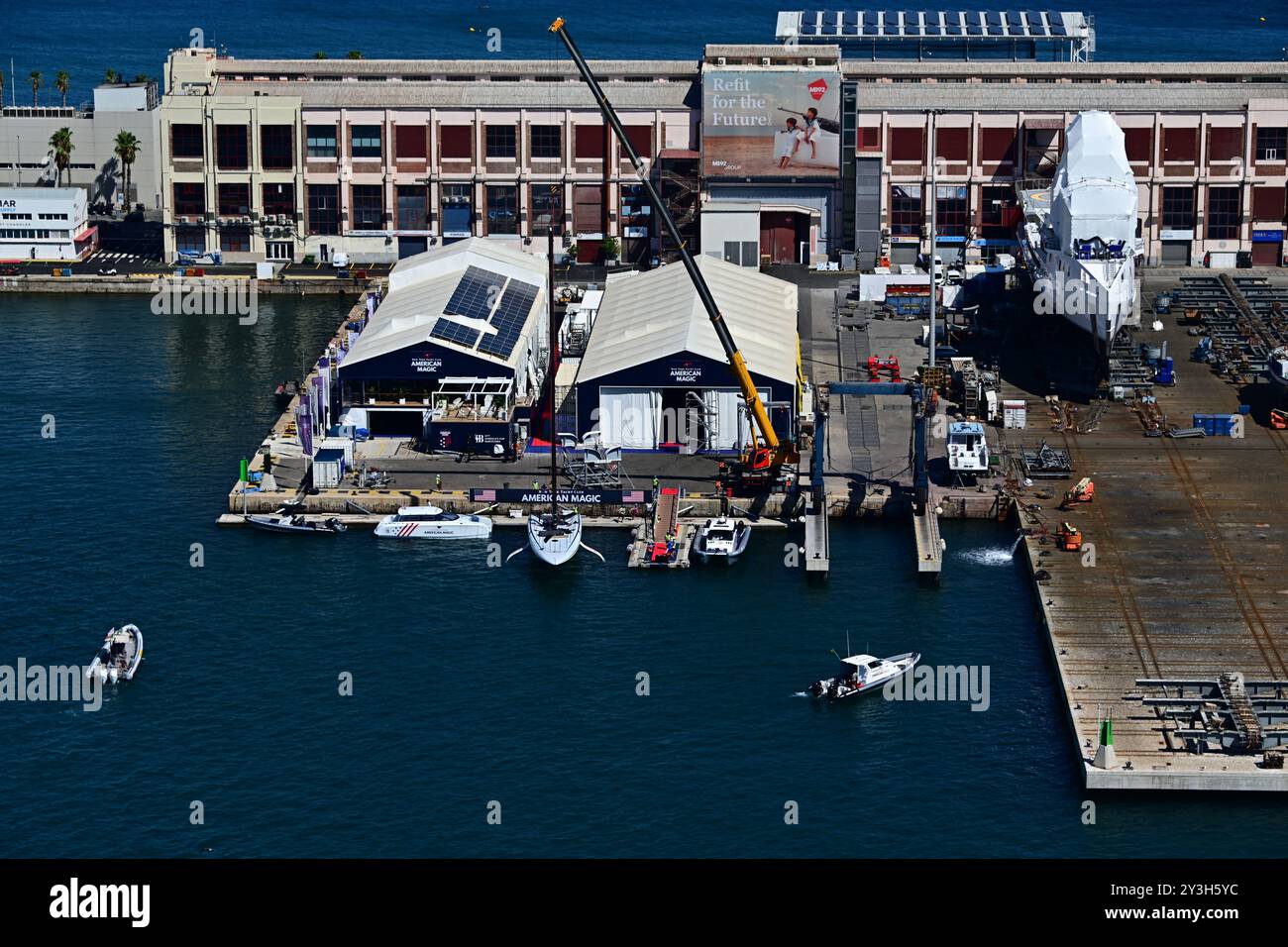 The view from the Port Vell Aerial Tramway of the American Magic Base ...