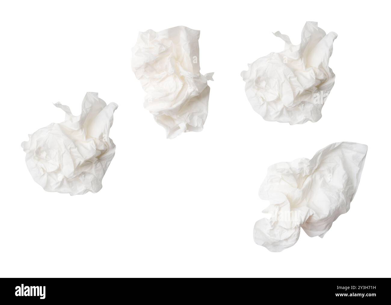 Top view set of screwed or crumpled white tissue paper balls after use ...