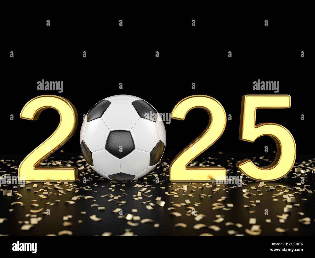 New 2025 number soccer ball and confetti on a black background. 3d ...