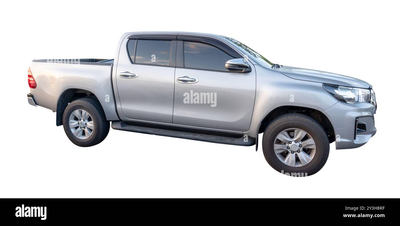 Side view of silver pickup truck is isolated on white background with ...