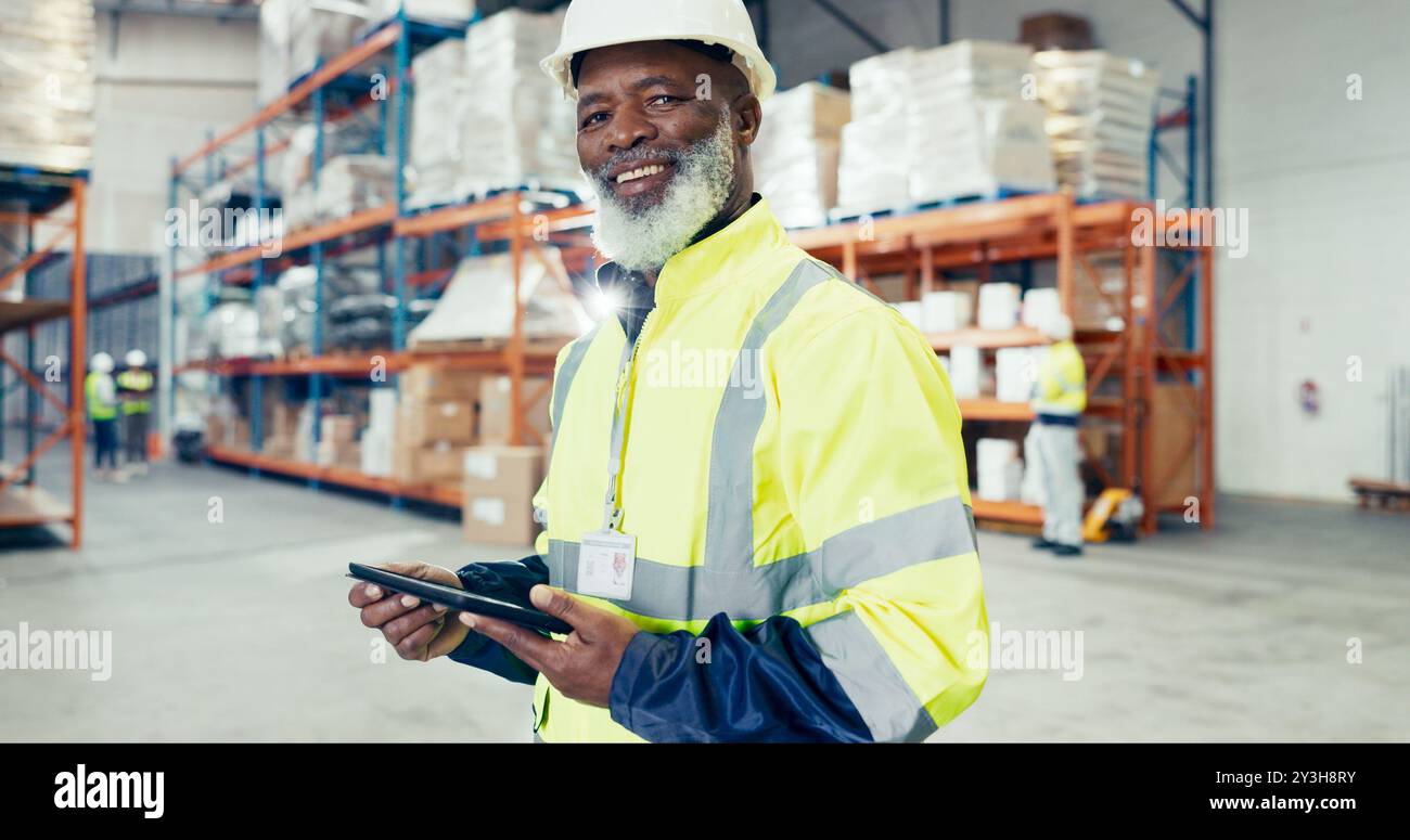 African man, portrait and tablet in warehouse for inventory check ...