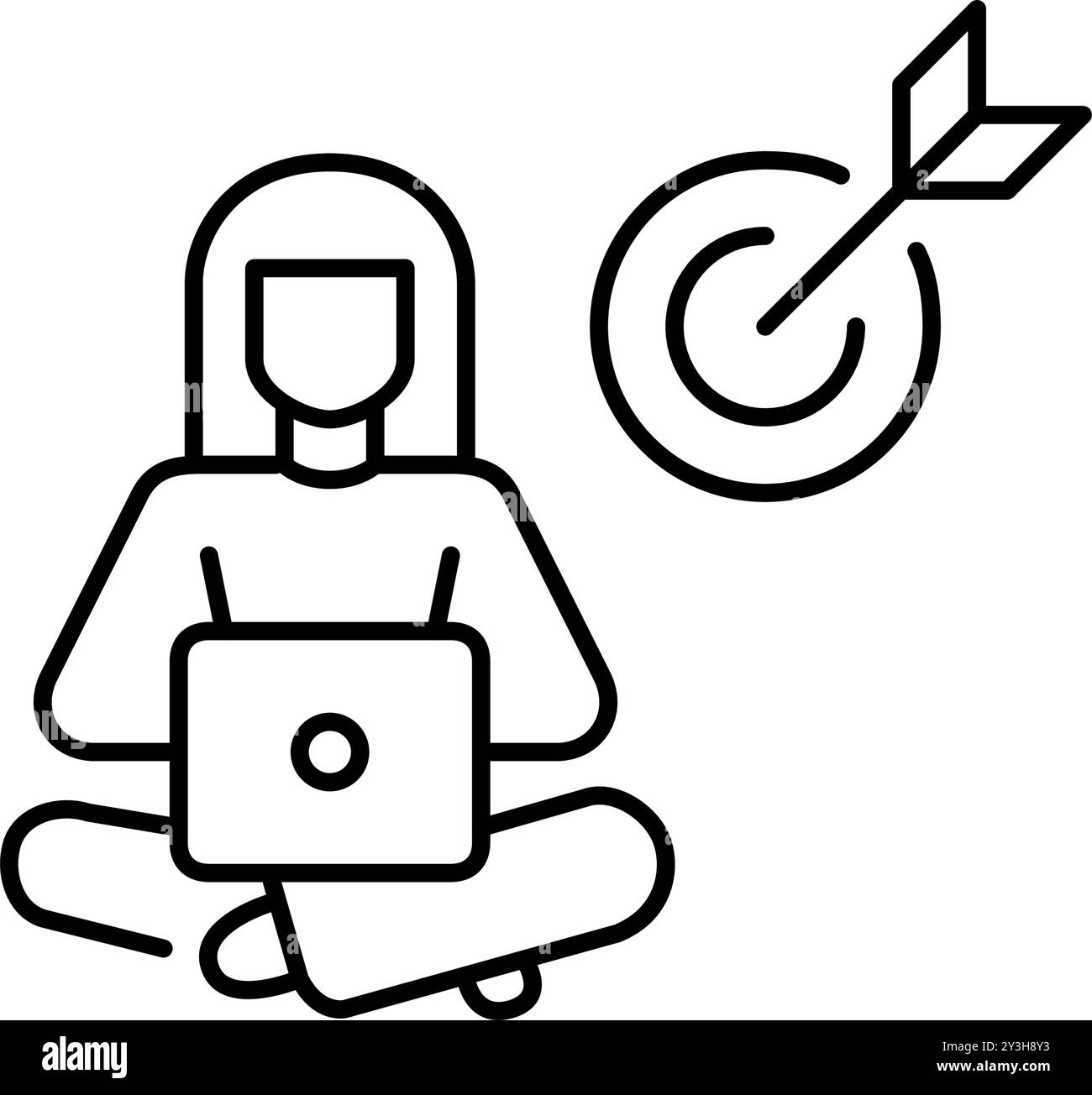 Woman working at laptop and arrow hitting target. Remote job ...