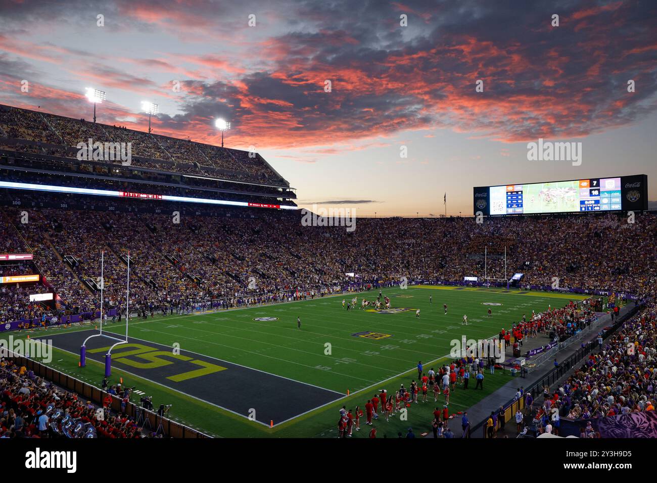 LSU Tiger Stadium shown at sunset in a general stadium " GV " end zone ...