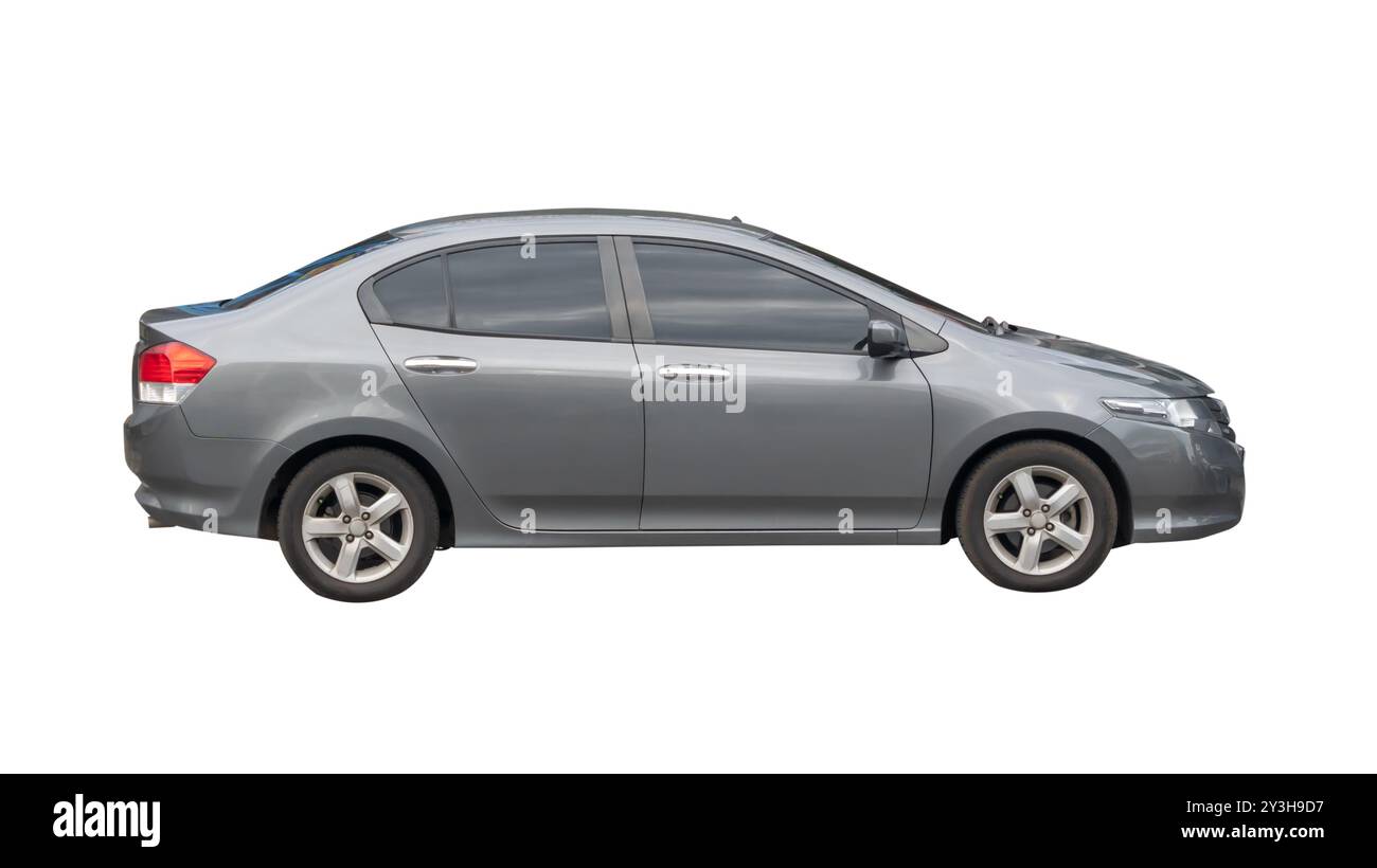 Side view of gray sedan sports car is isolated on white background with ...