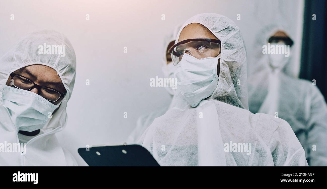 Healthcare, group and scientist in hospital, PPE and infection control ...