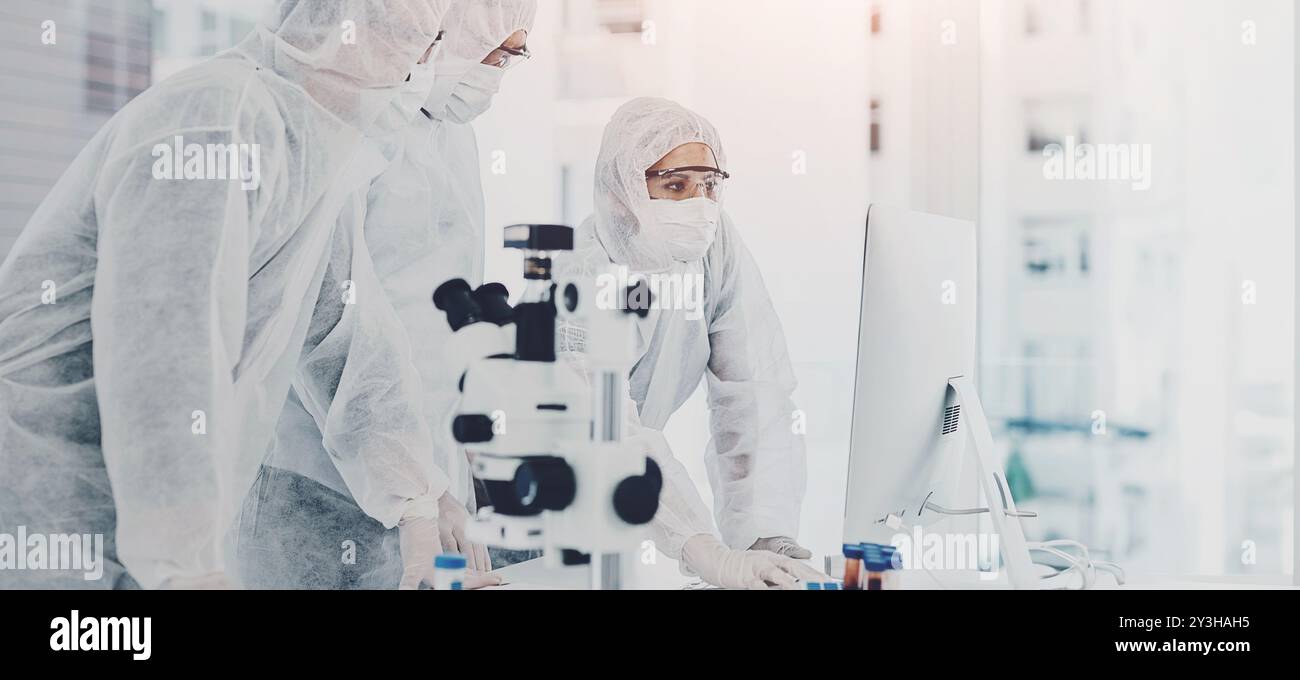 Healthcare, PPE and scientist in hospital, computer and infection ...