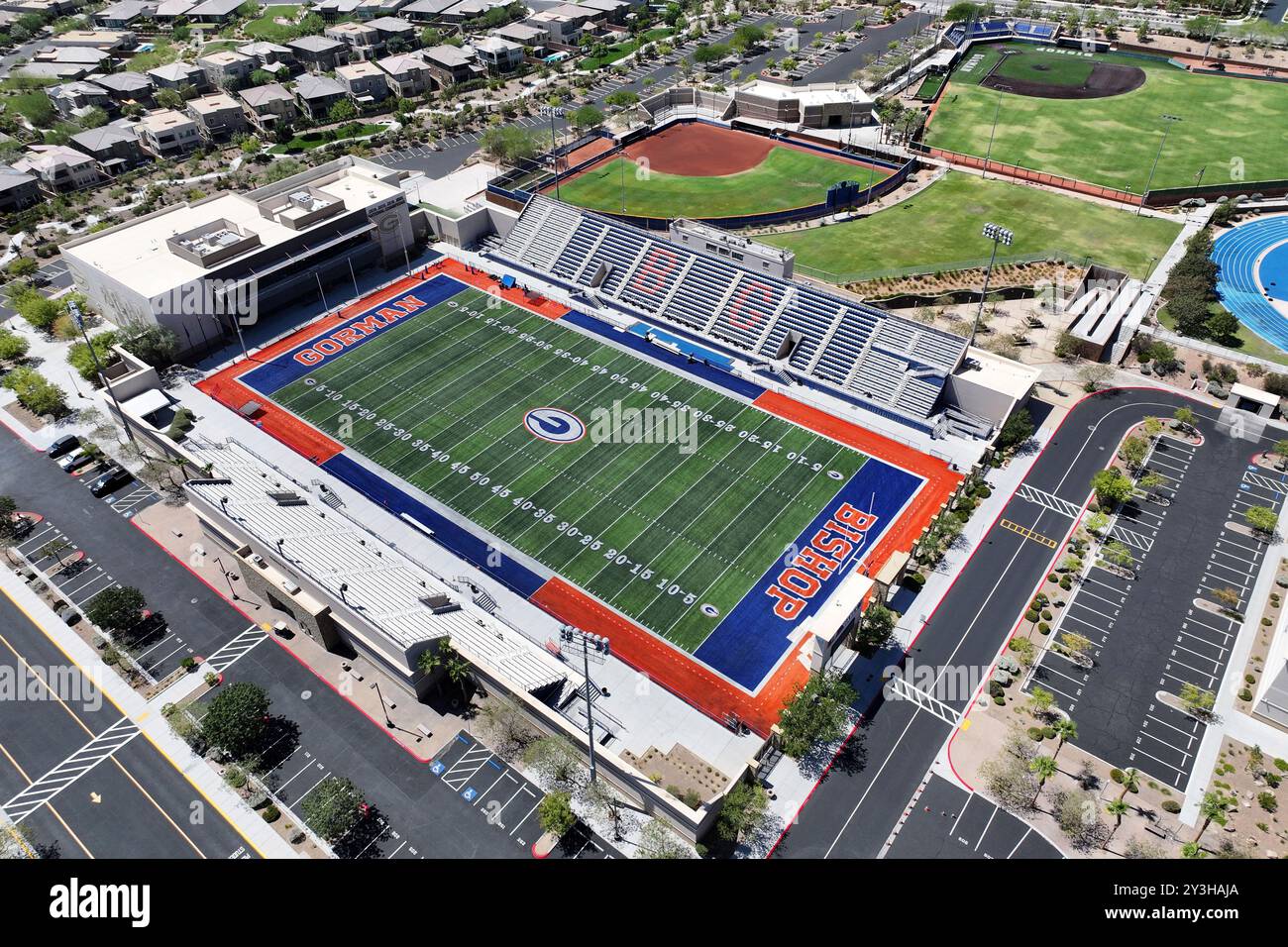 A general overall aerial view of Fertitta Field football stadium at Bishop Gorman High School ...