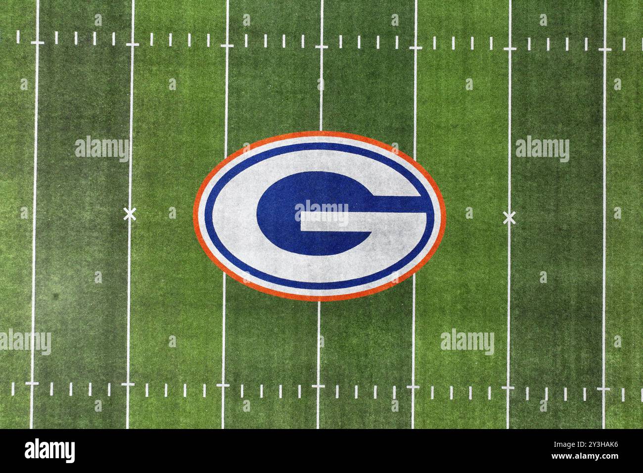A general overall aerial view of the Gaels logo at midfield of Fertitta ...