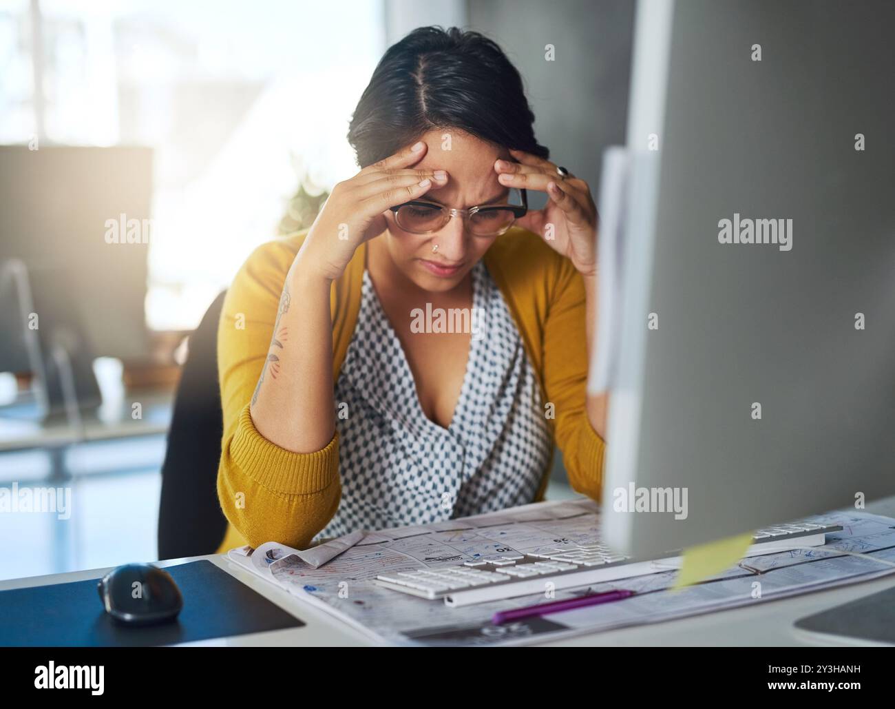 Computer, stress and burnout with business woman in office for fatigue ...