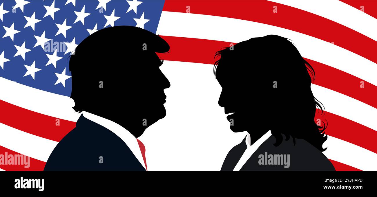 Portrait of Donald Trump and and Kamala Harris against the background ...