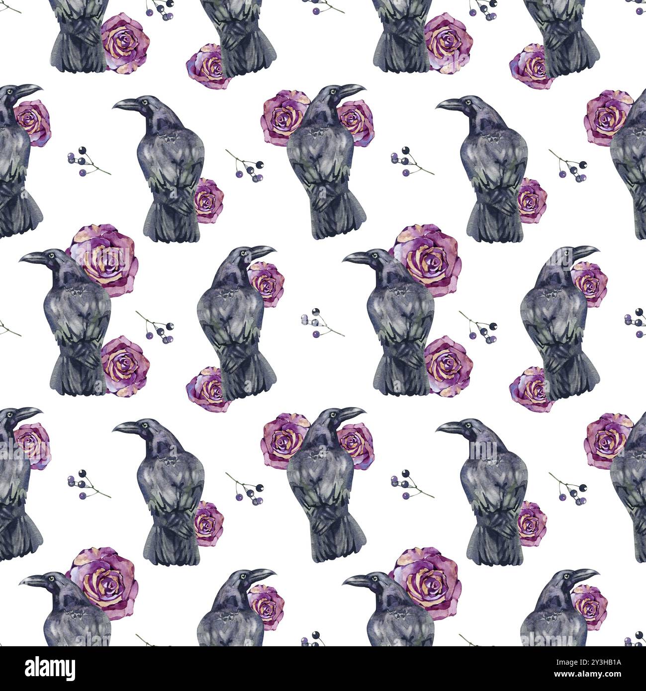 Seamless pattern with crows. Birds are sitting. Watercolor painting by ...