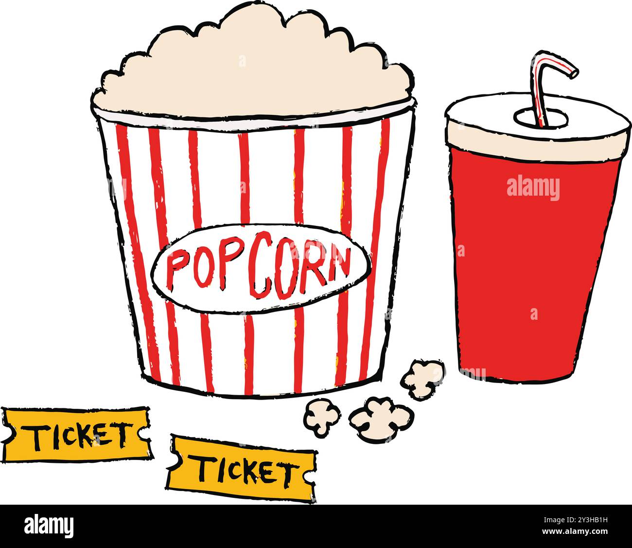 hand drawn illustration of popcorn and soda, movie tickets Stock Vector ...