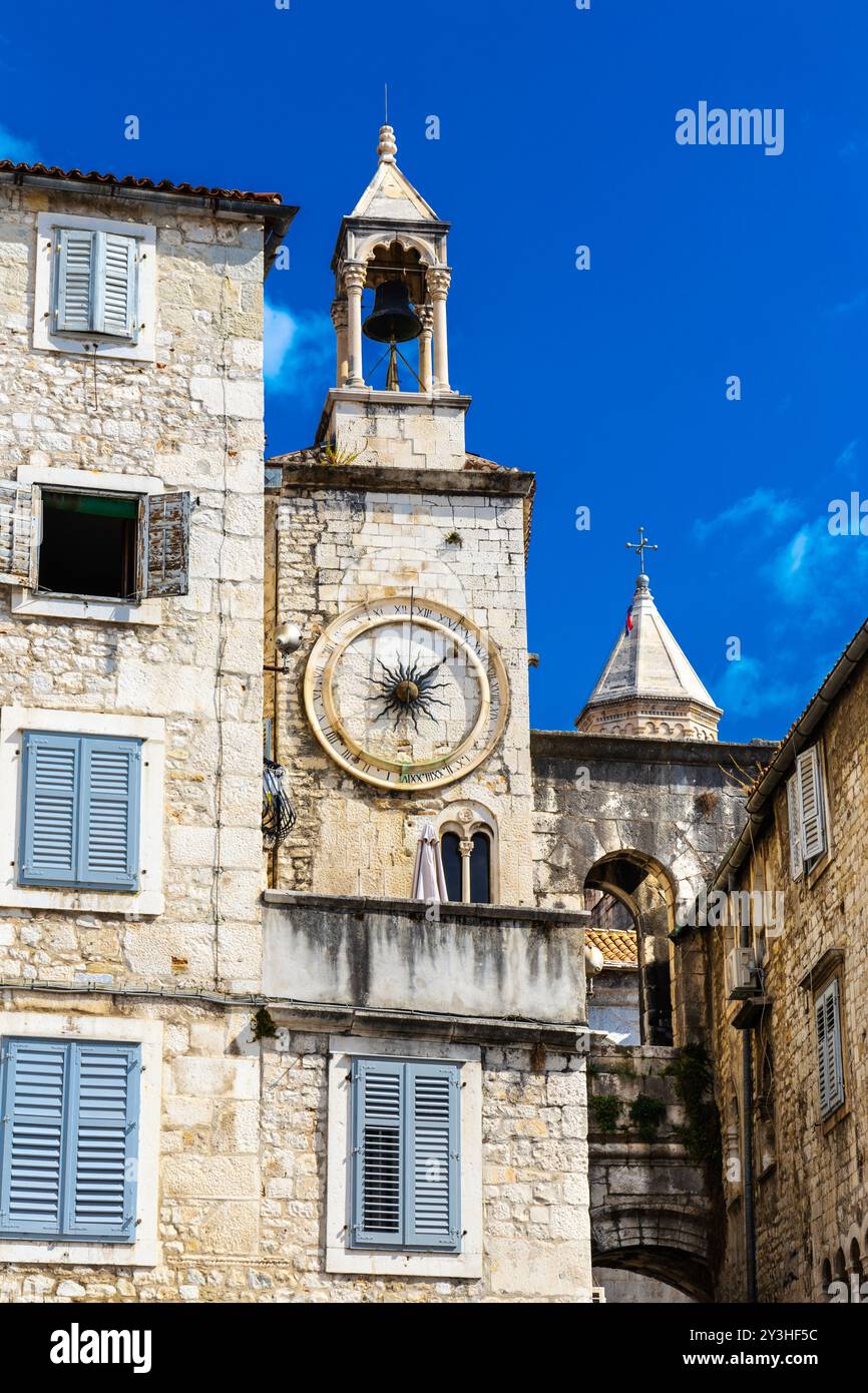Clock tower at the Iron Gate, historic entrance to Diocletian's Palace ...