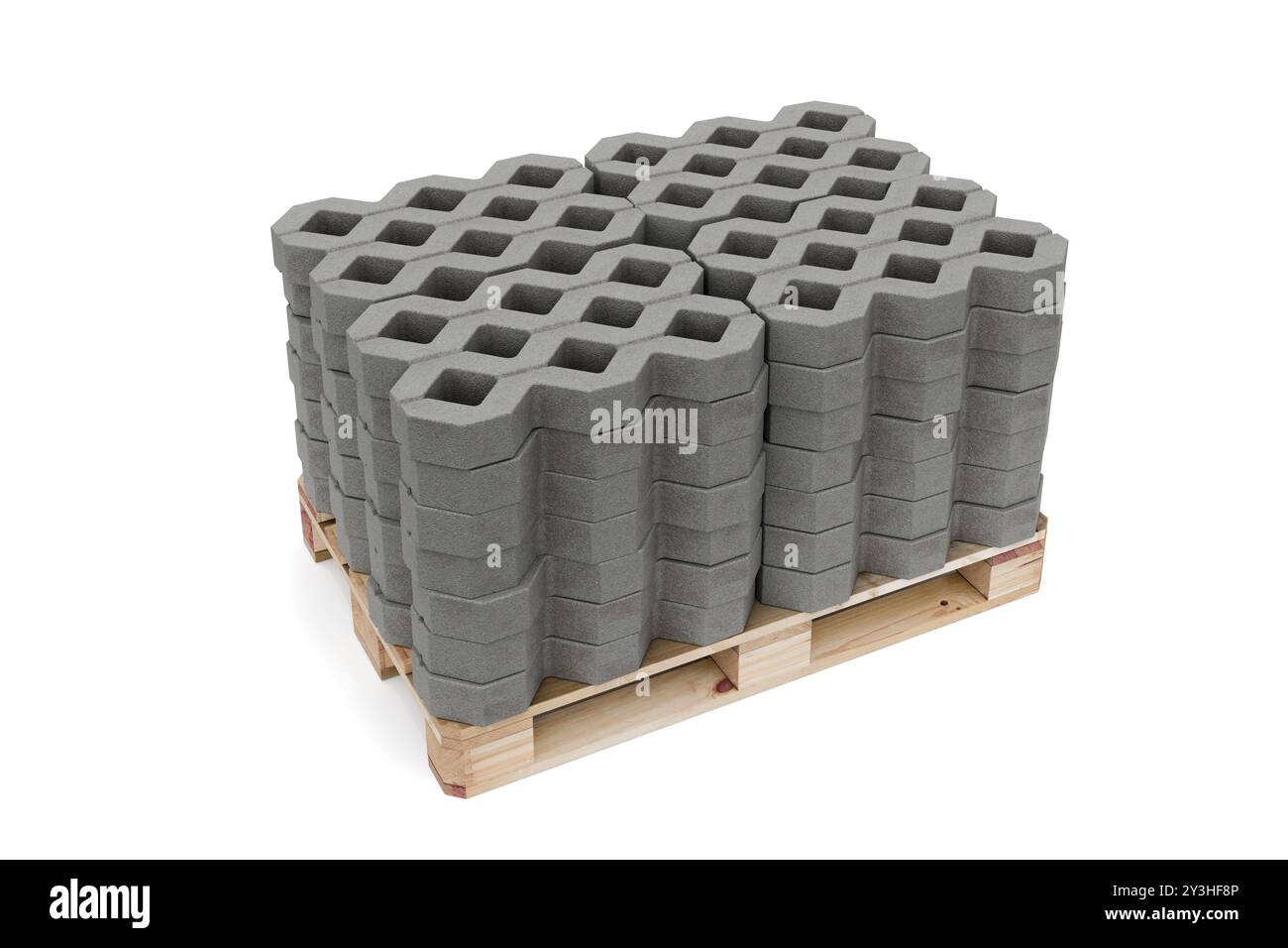 Pallet with blocks of concrete grass pavers. Stack of openwork grid isolated on white background ...