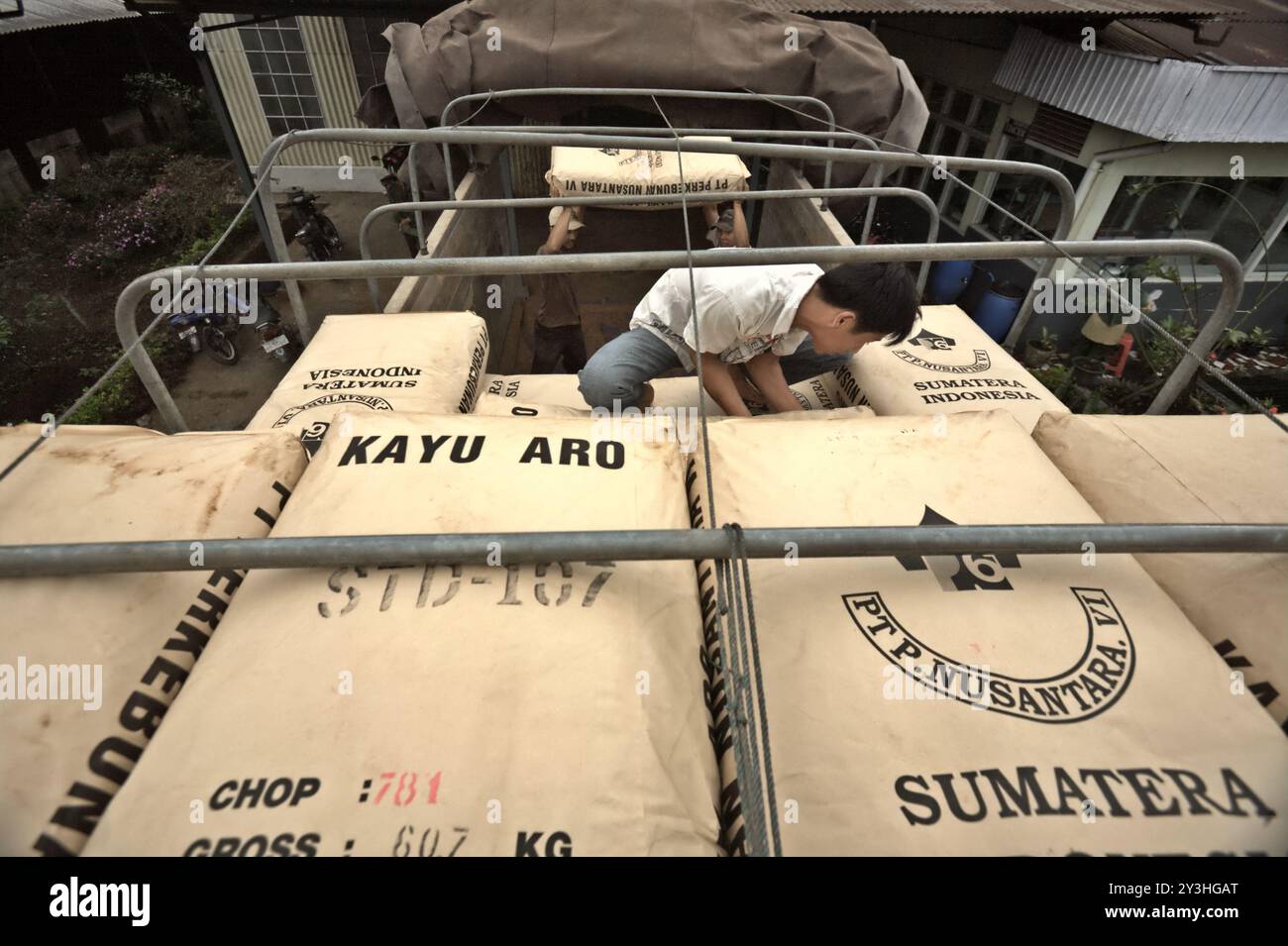 Workers loading tea sacks onto a truck at Kayu Aro tea factory in ...