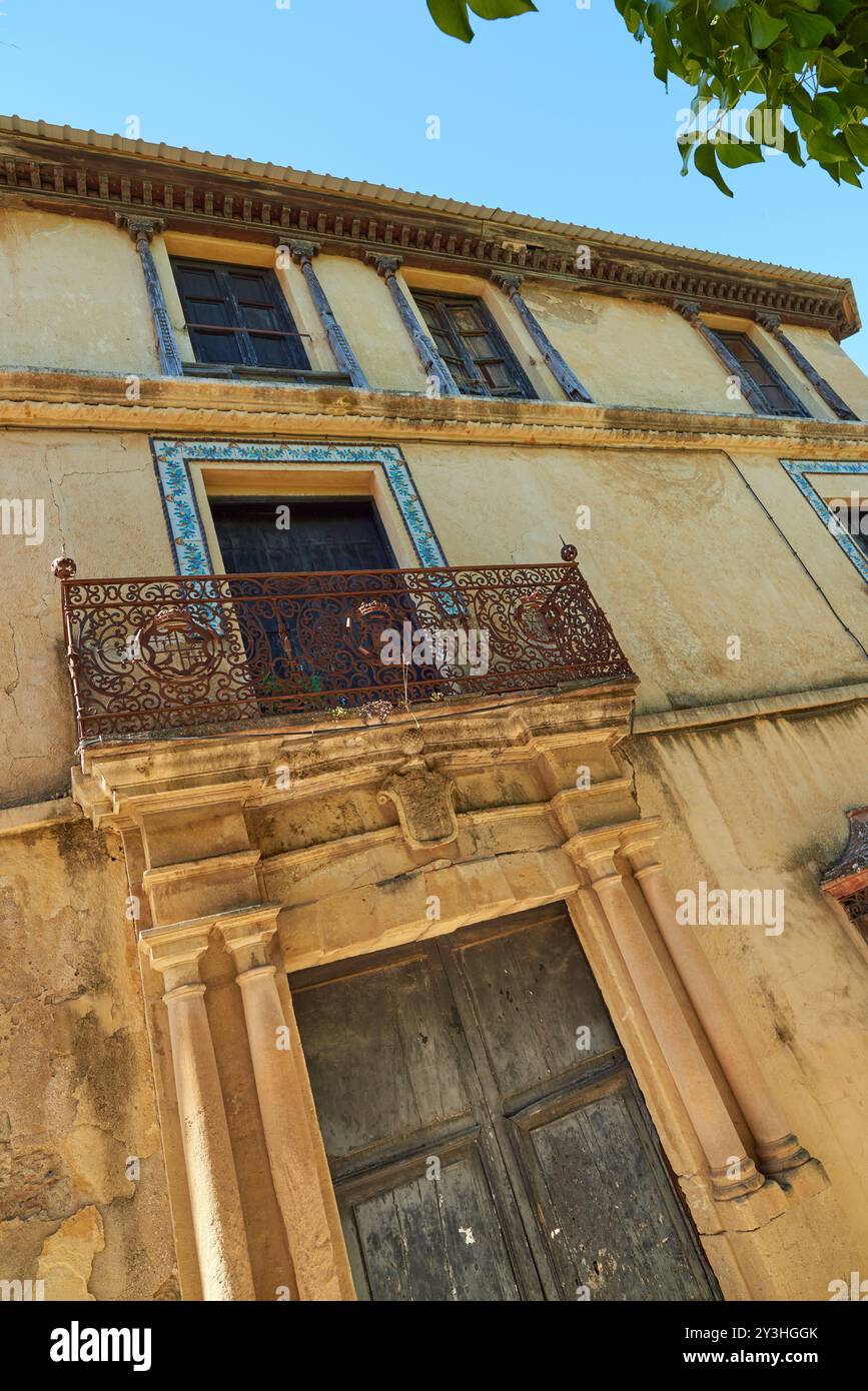 Abandoned, house and balcony with wooden doors or window frames in ...