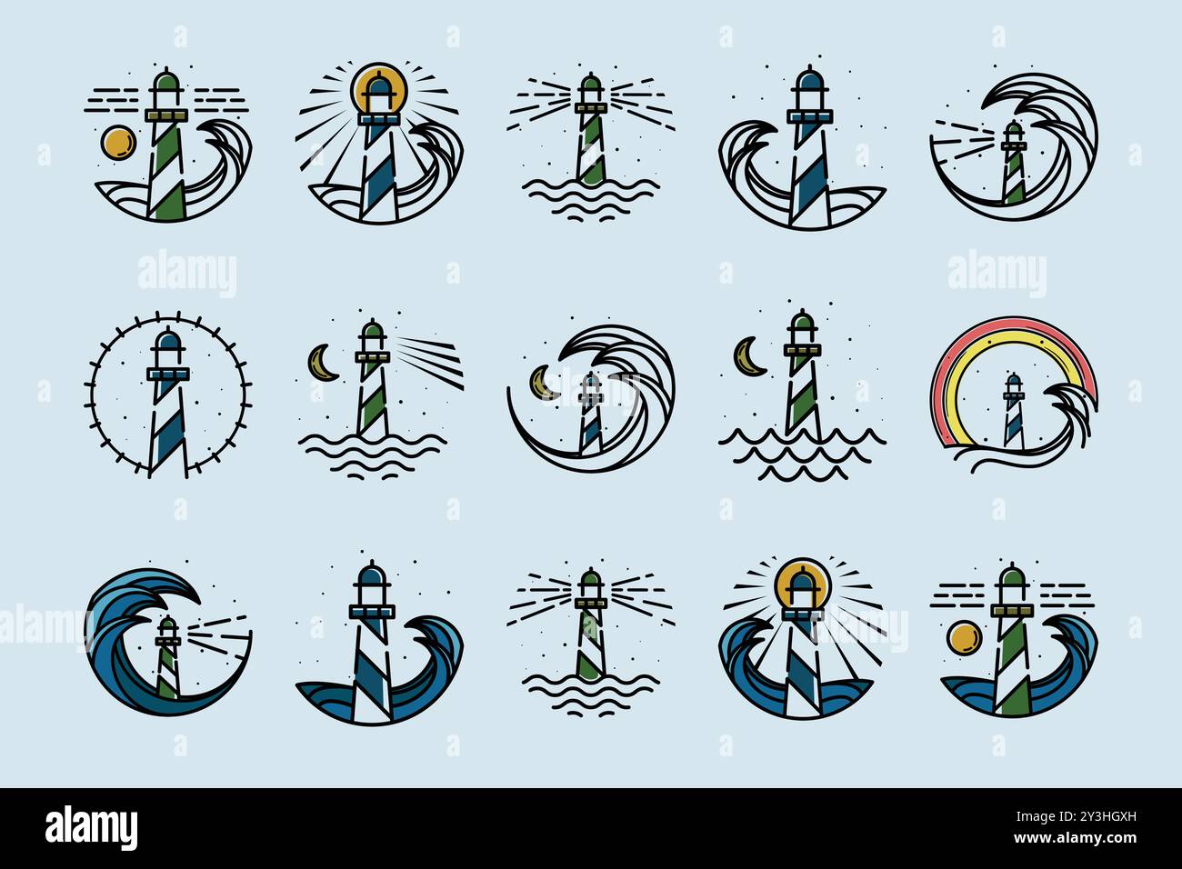 Collection of Lighthouse Vector Illustration Logo Design. Wave and lighthouse icon in set. Ocean ...