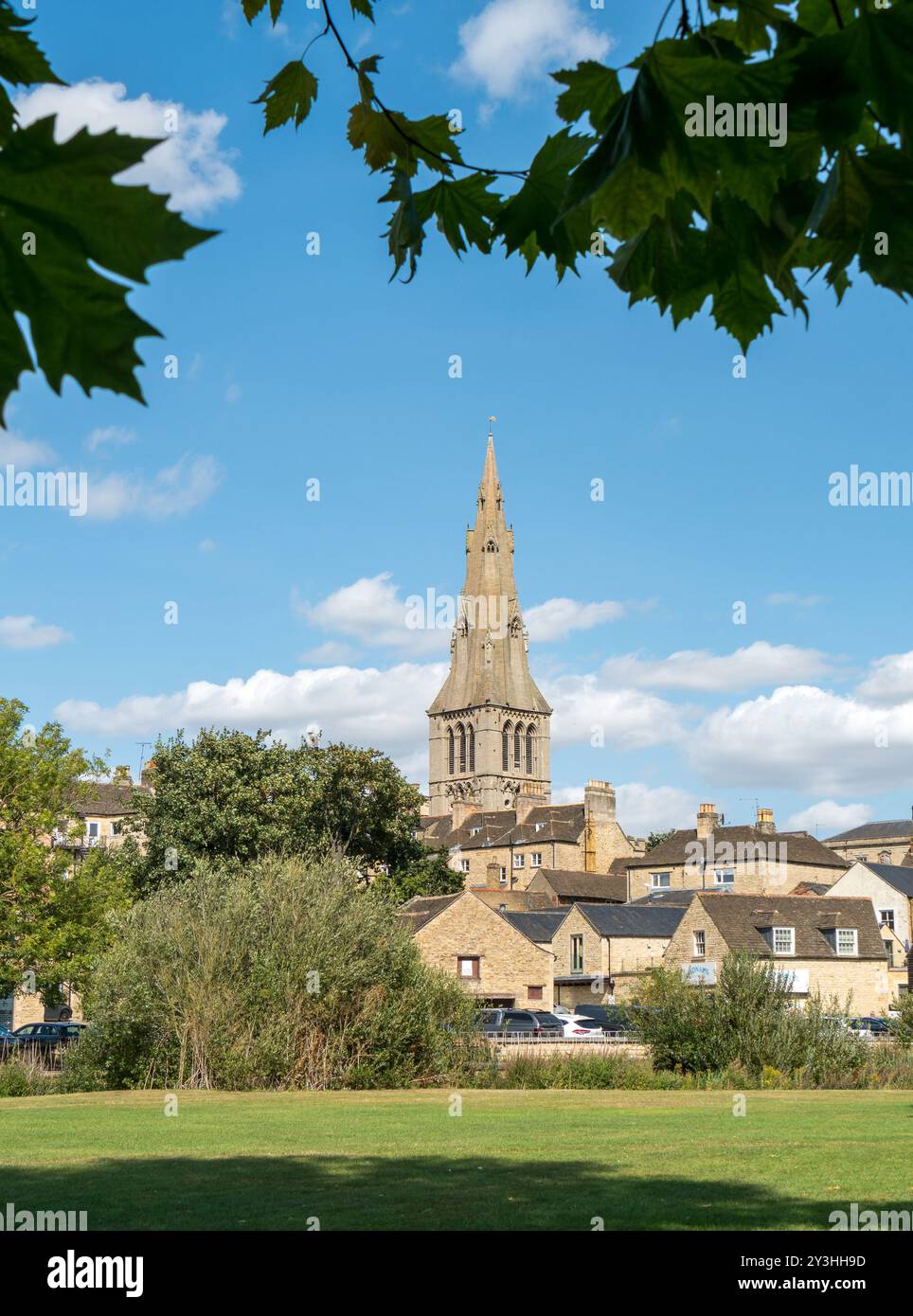 St. Mary's Church spire / tower above stone building rooftops as seen ...