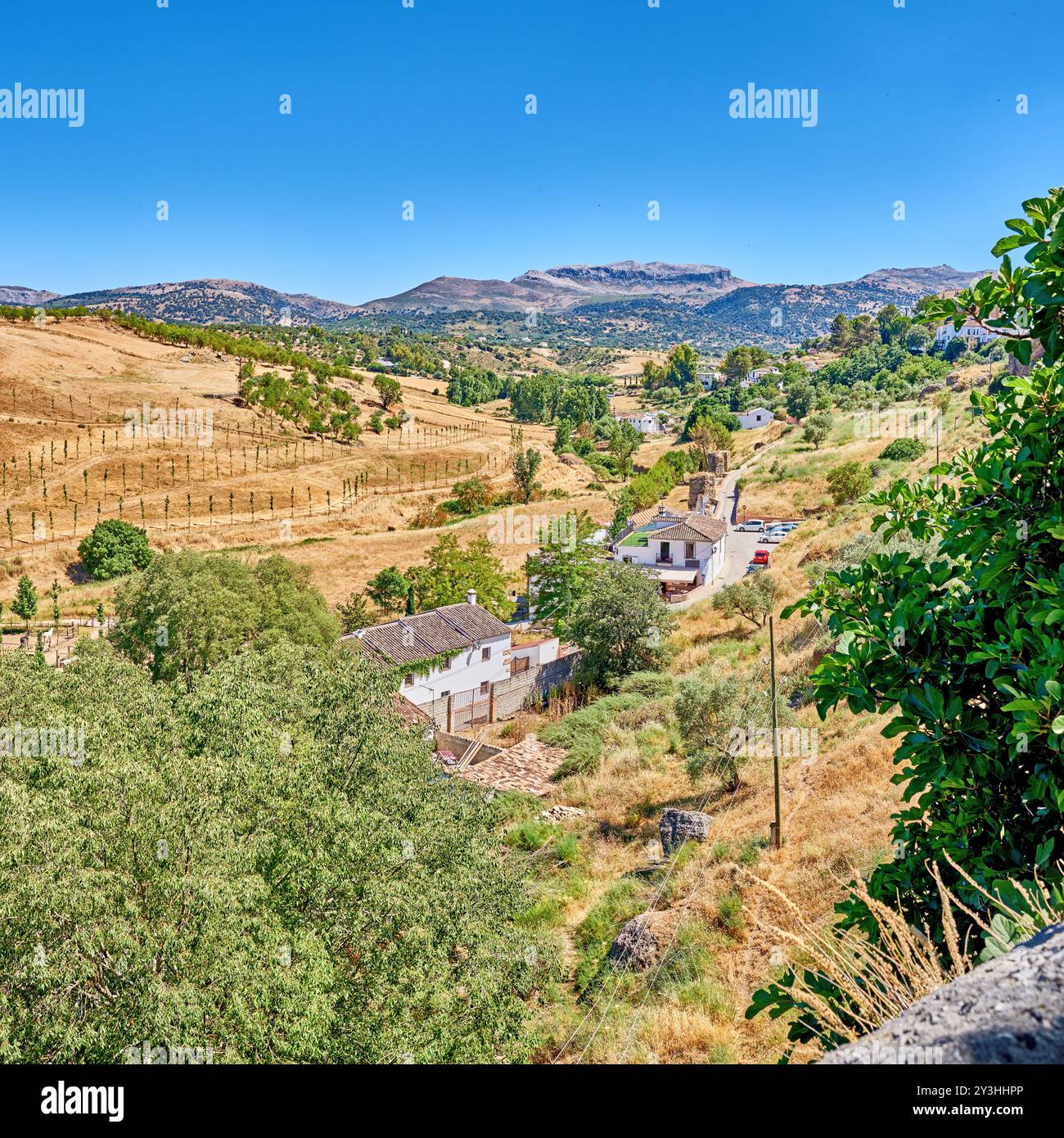Mountain, buildings and aerial of city in Spain with ancient structures ...