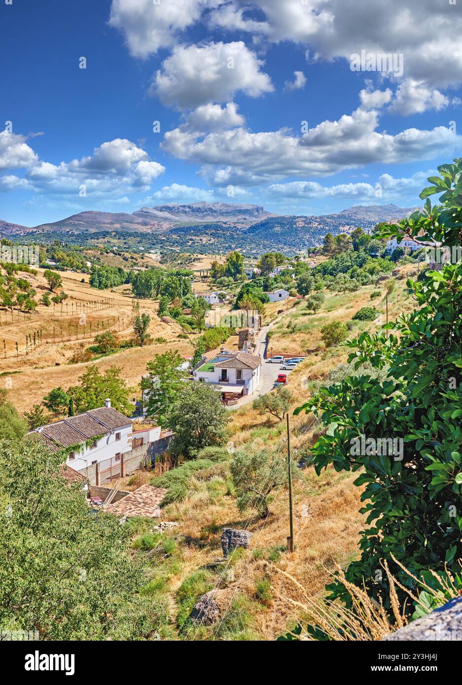 Mountain, buildings and ancient town in Spain with antique structures ...