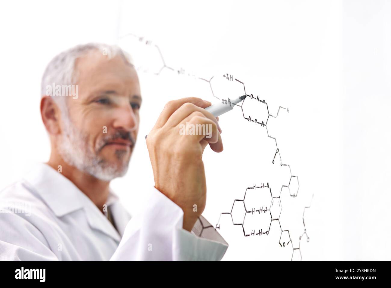 Formula, man and writing on glass for science, problem solving and ...