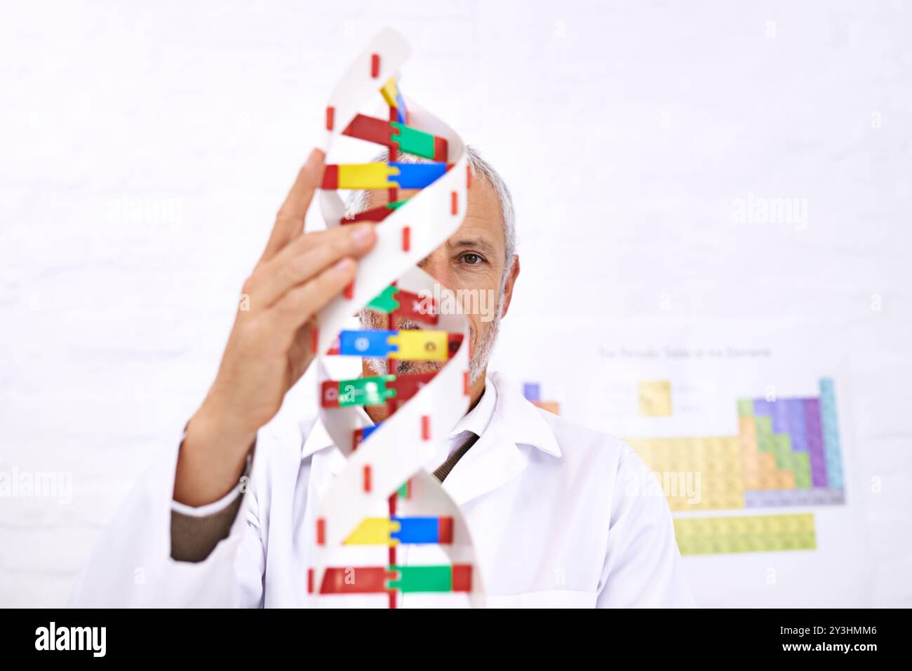 Man, scientist and DNA model in lab, portrait and study for biohacking ...