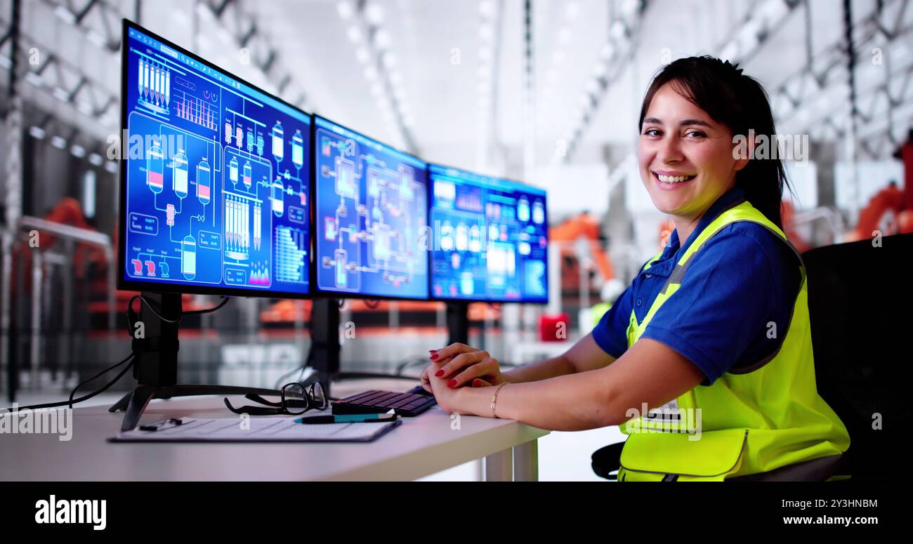 Happy Industry Production Line Operator With Computer Monitor Stock ...