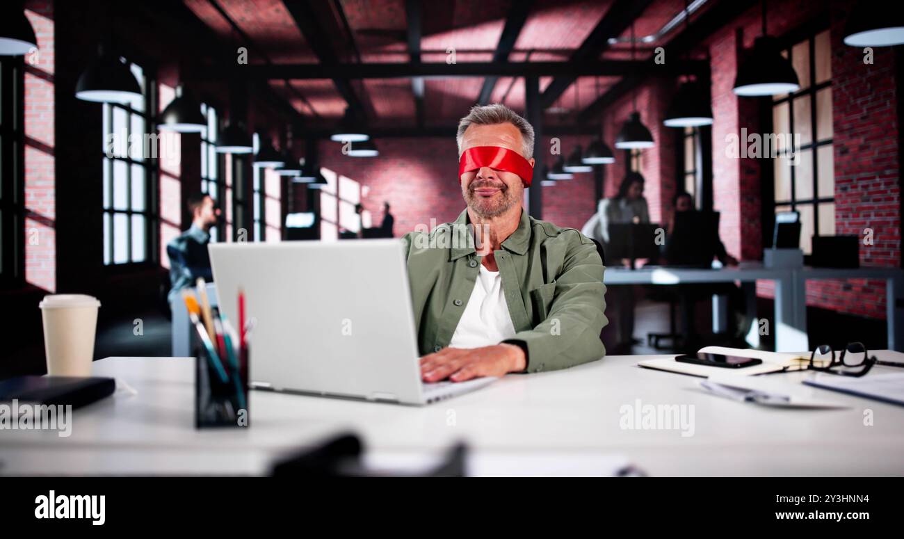 Confused Blindfolded Man Concept. Office Worker Using Computer Stock ...