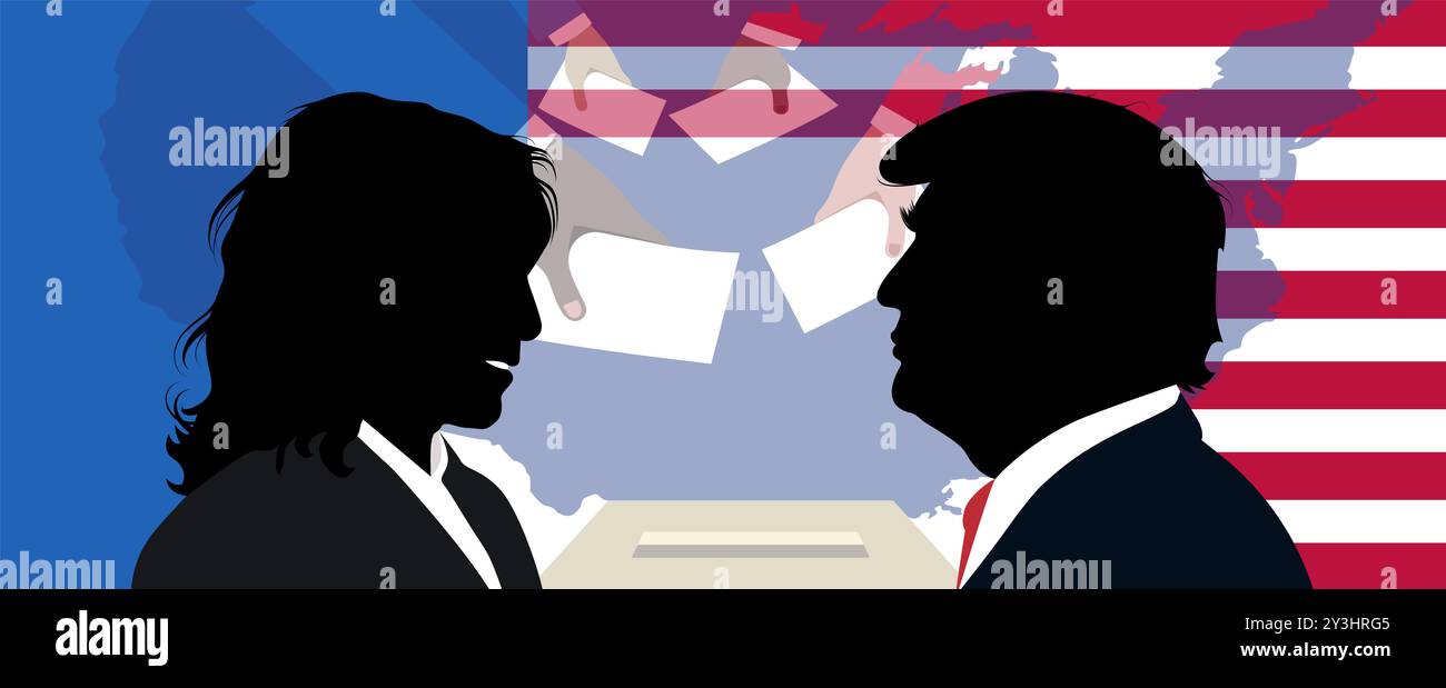 Portrait of Donald Trump and Kamala Harris against the backdrop of ...
