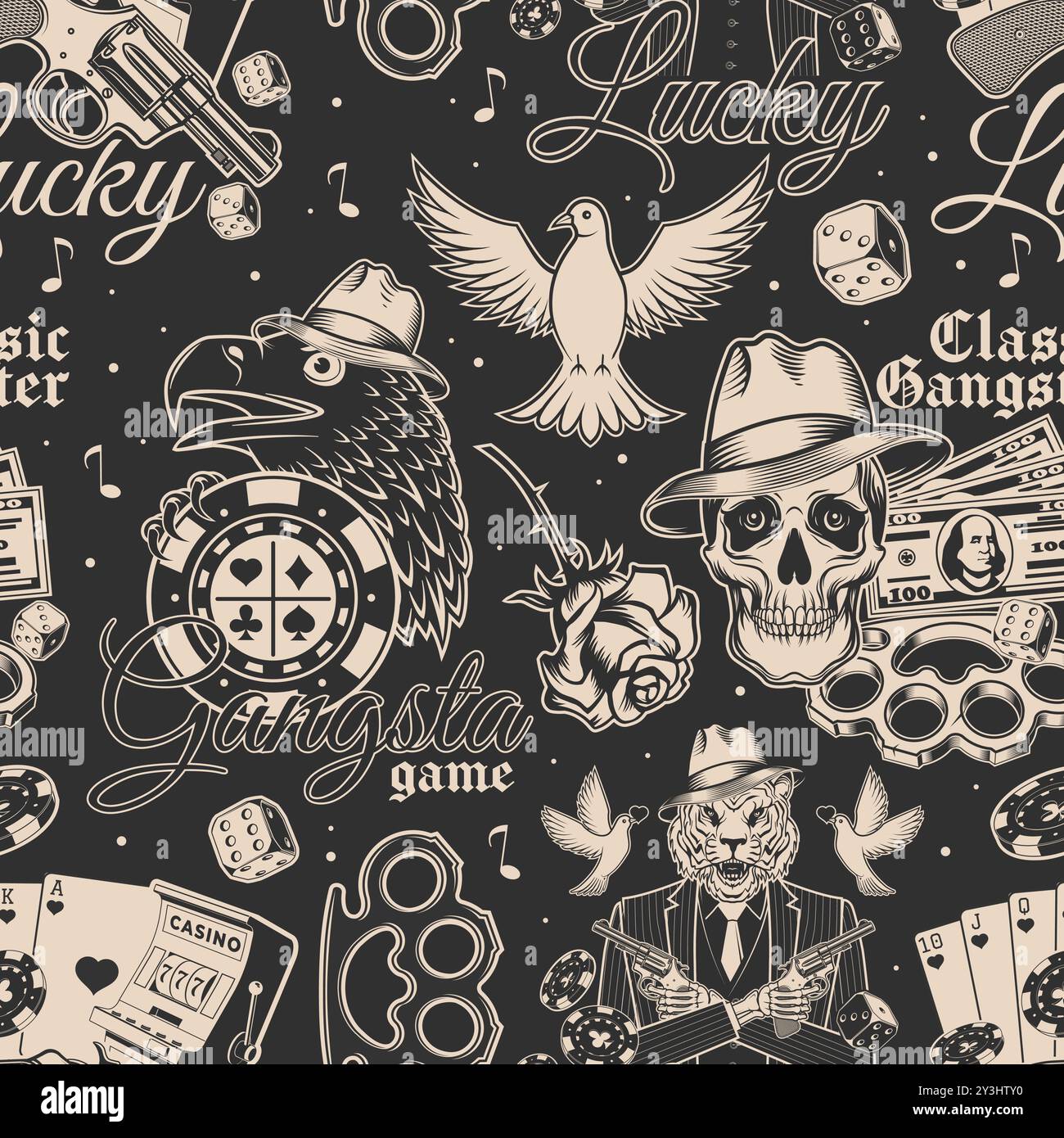 Gangster seamless pattern. Vector illustration. Vintage monochrome ...