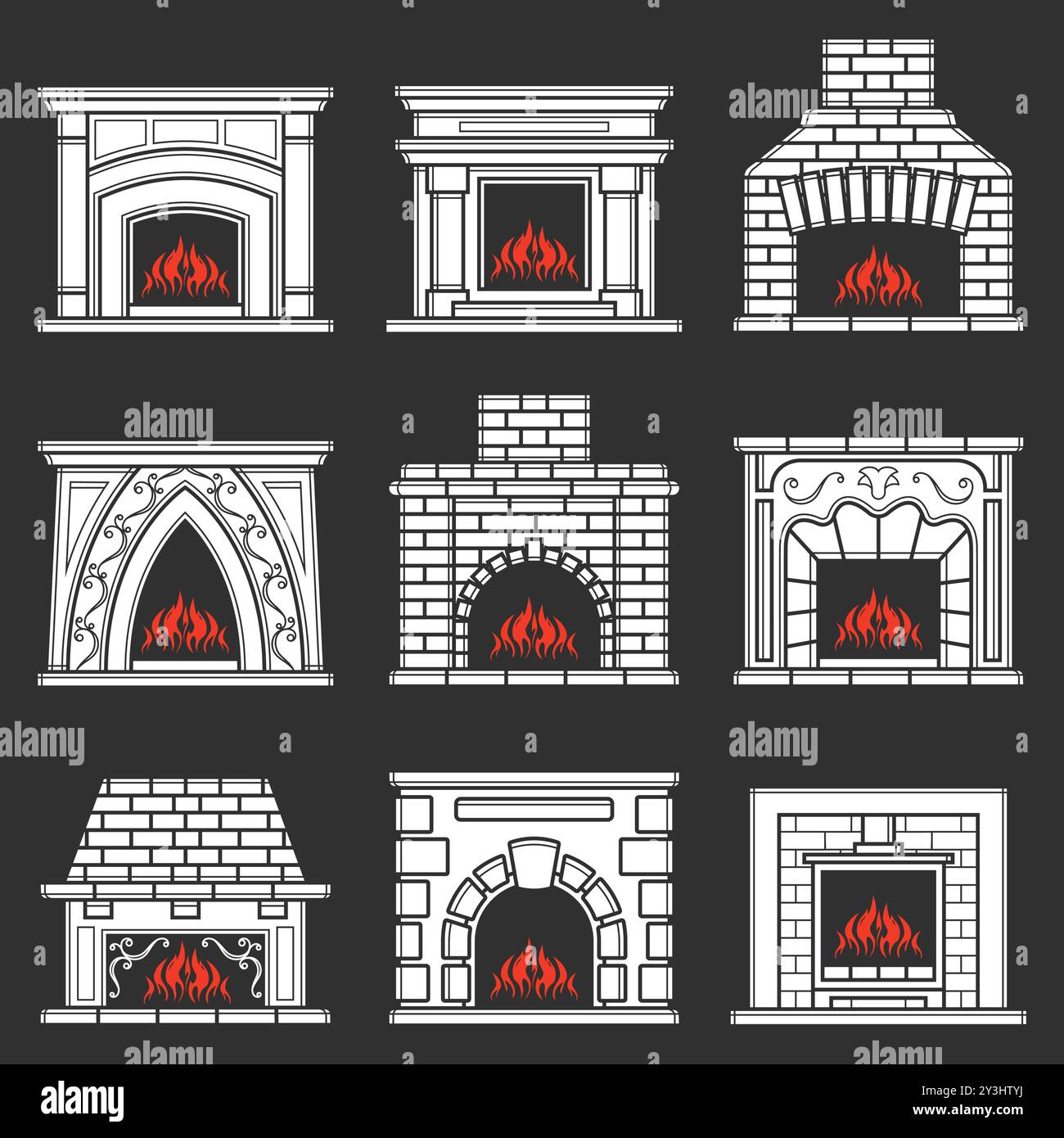 Set of furnace silhouette icon. Fireplace sign. Vector illustration ...