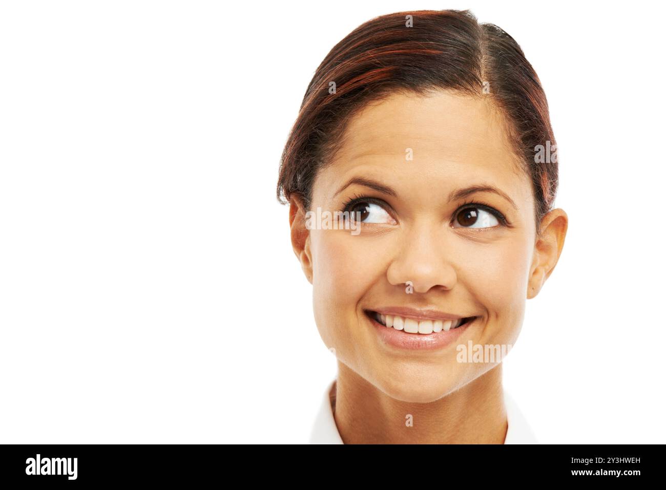 Happy woman, face and thinking with idea or positive attitude for ...