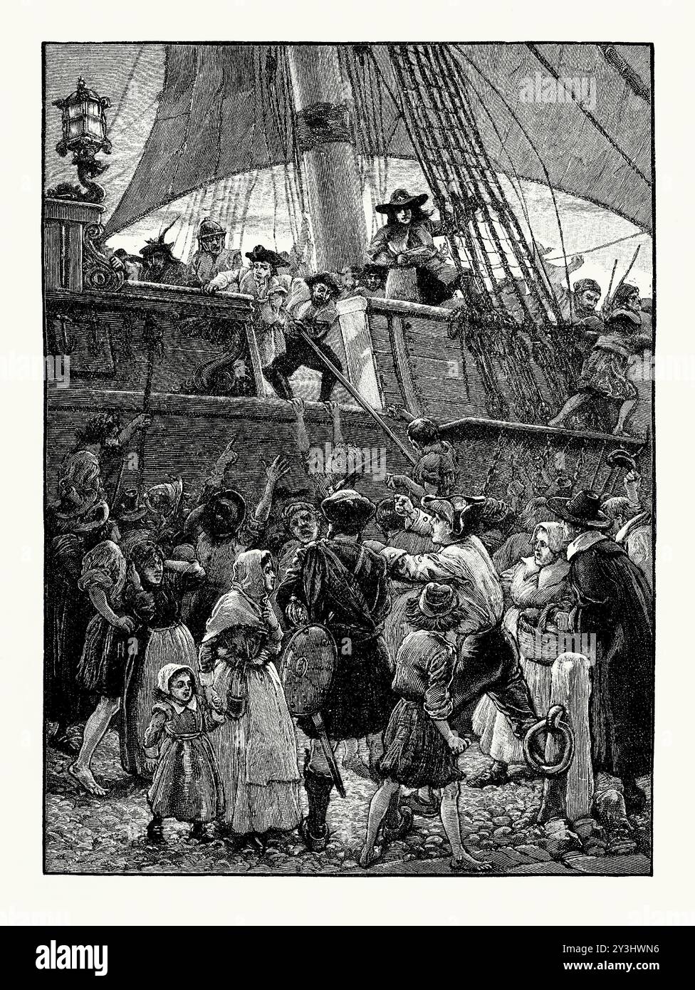 An old engraving of the leaving of The Darien Expedition from the port ...