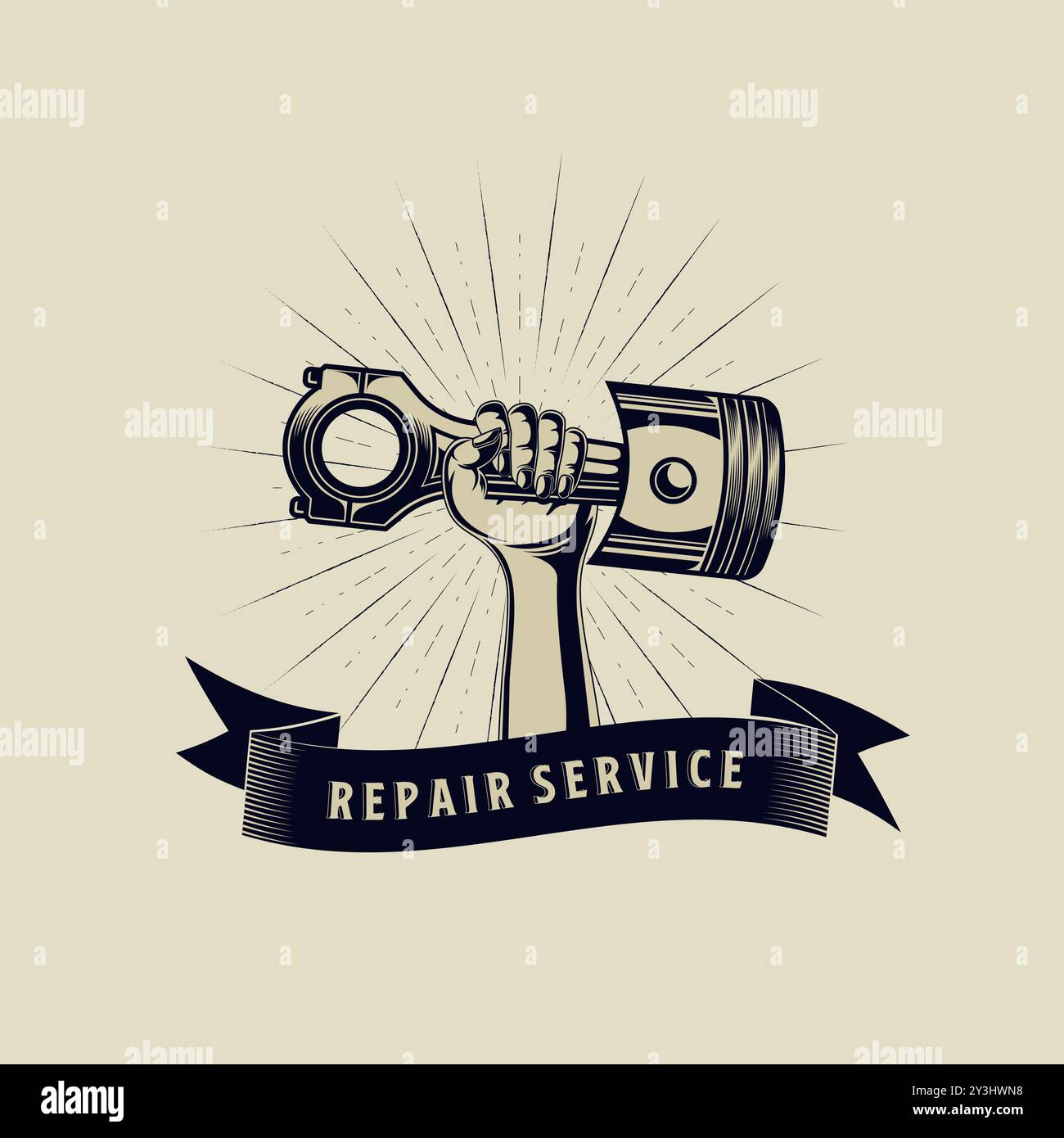 Mechanic Logo Vector In Vintage Stye with Sunburst Element. Arm Holding ...