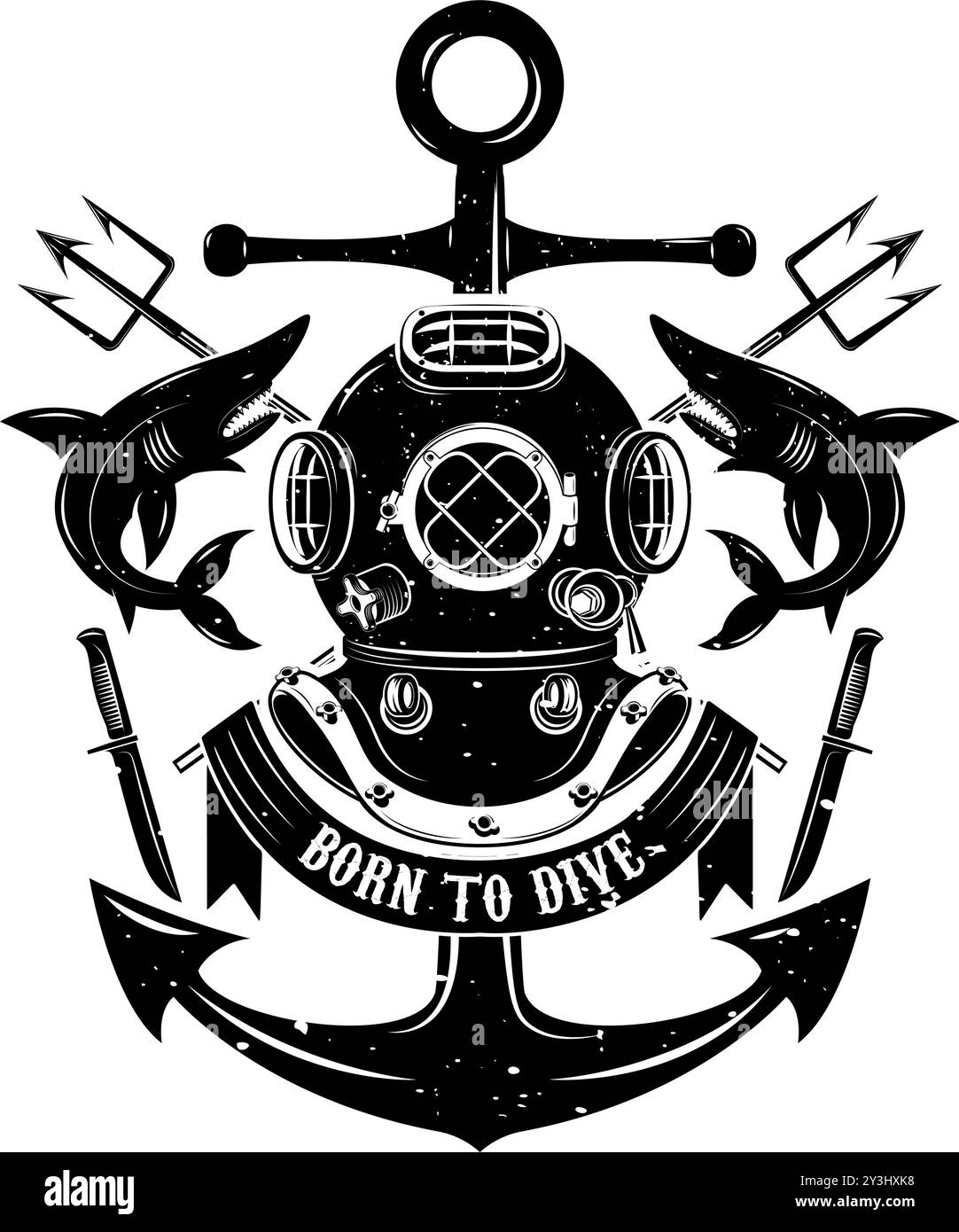 Vintage diving helmet with sharks and tridents. Divers club emblem ...