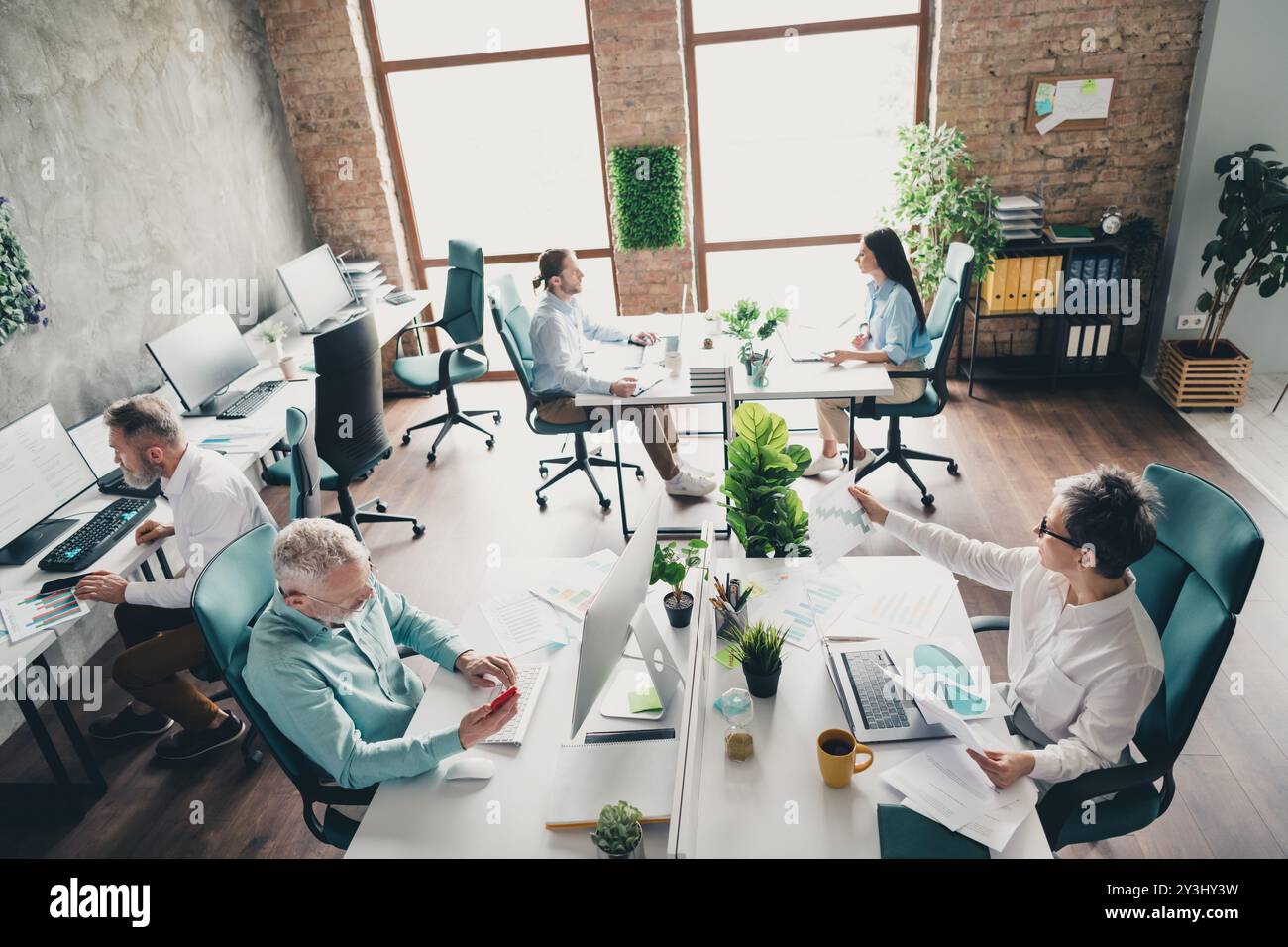 Full body above view photo of teamwork people work together process ...