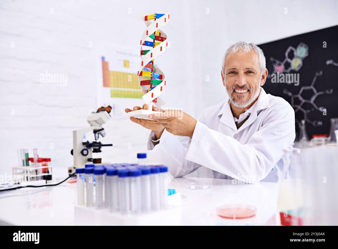 Mature, man and portrait with DNA model for genetic research and lab ...