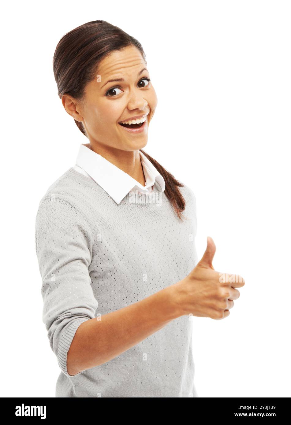 Model, thumbs up and yes in portrait with happiness, confidence or ...