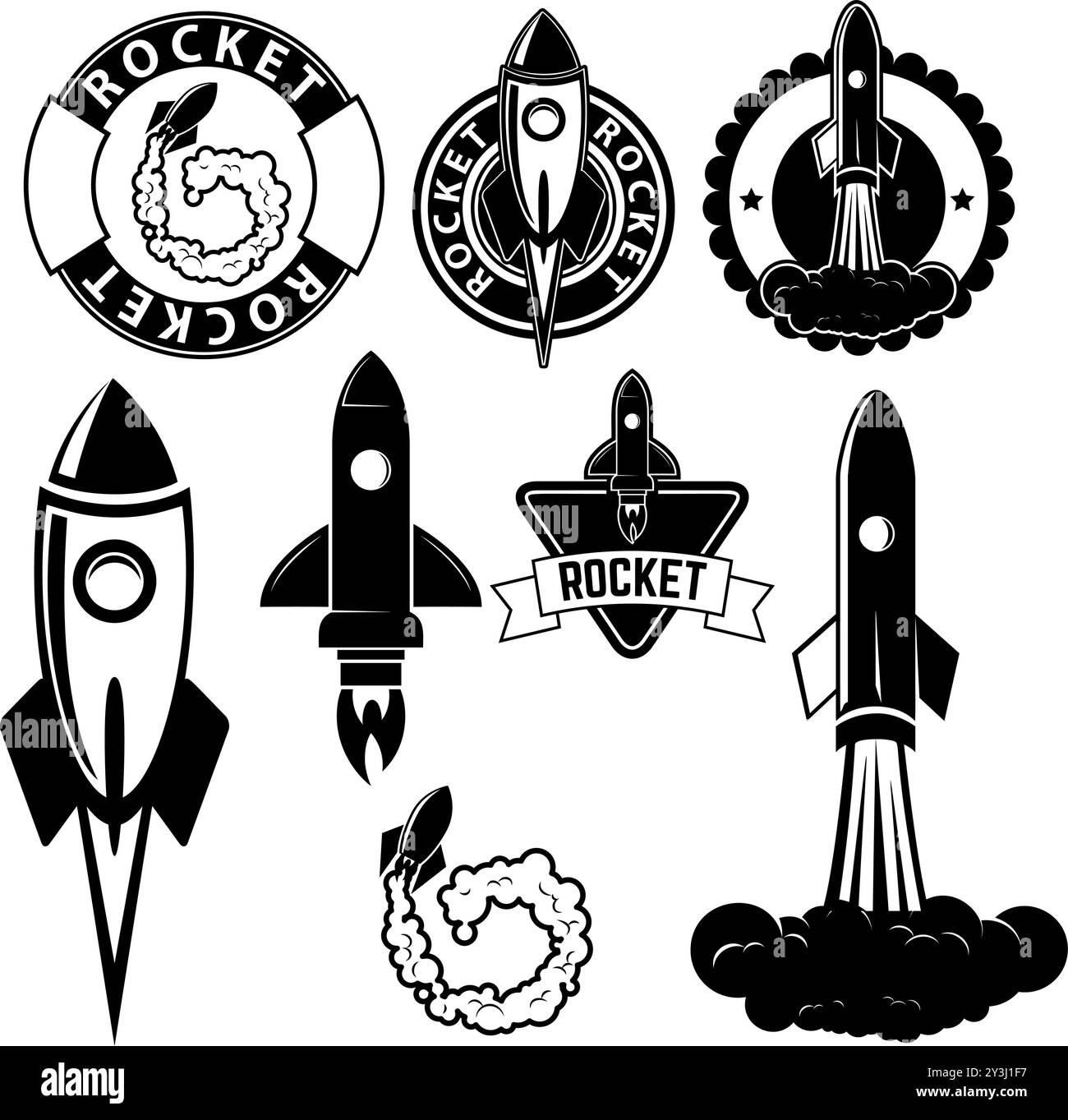 Set of the vector rockets labels. Spaceships silhouettes collection ...
