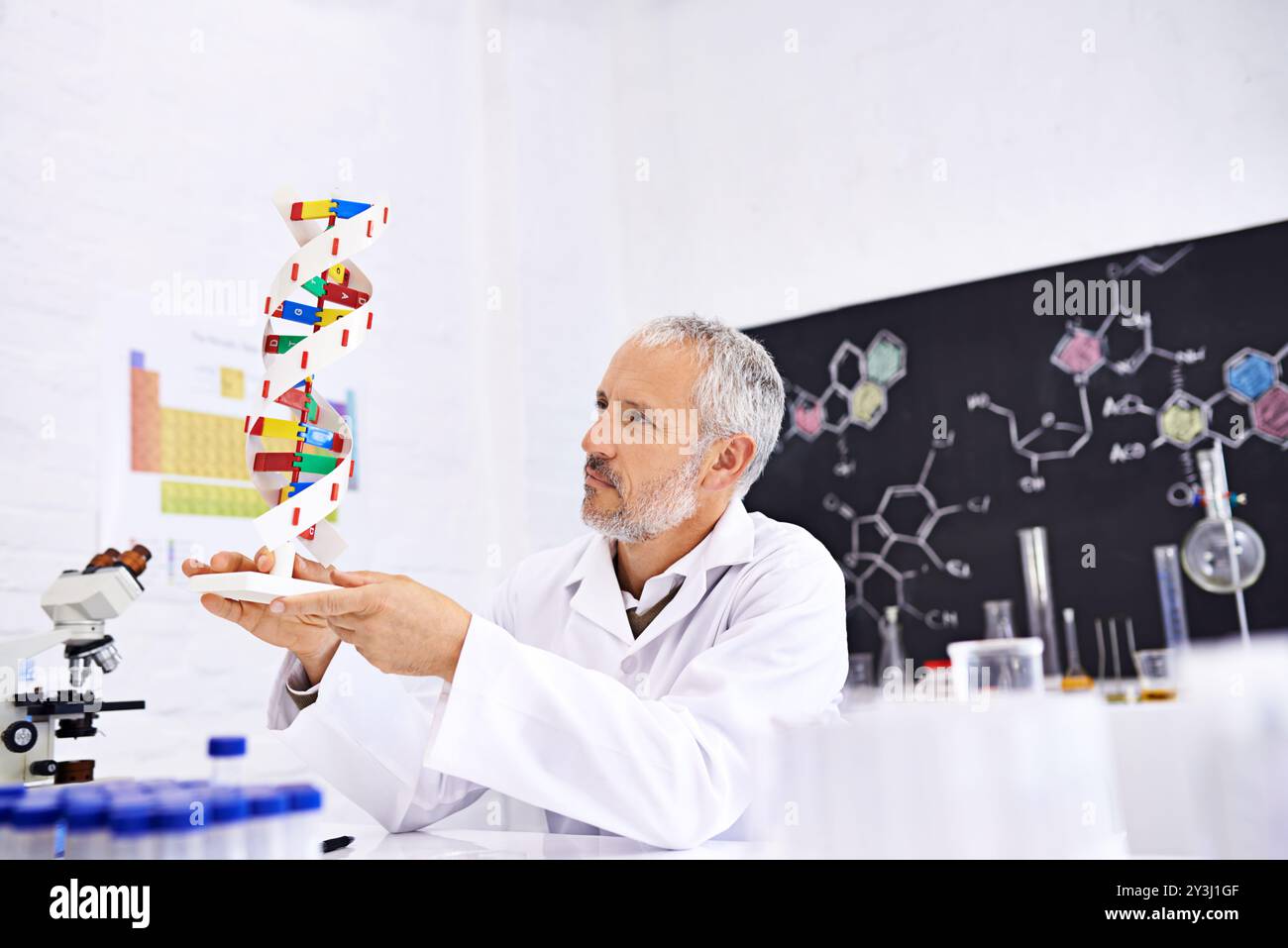 Science, research and man in lab, DNA molecule and testing for ...